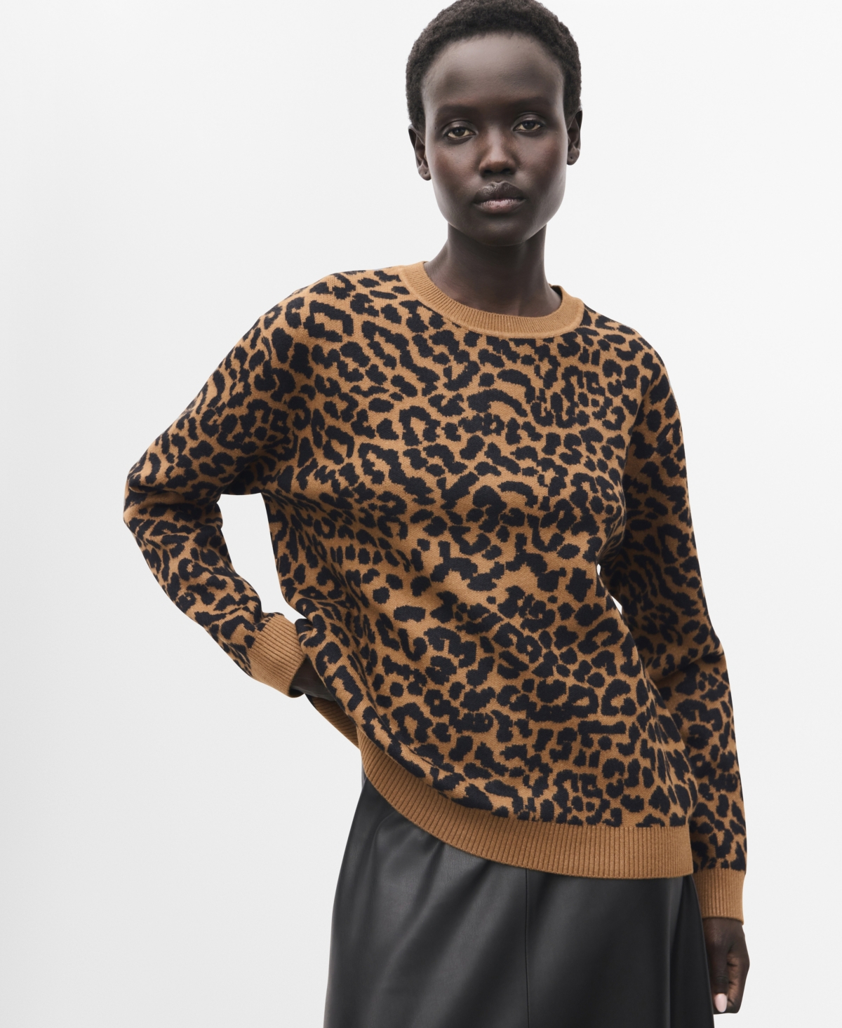 Click here for Mango Womens Leopard-Print Knitted Sweater - Ecru prices