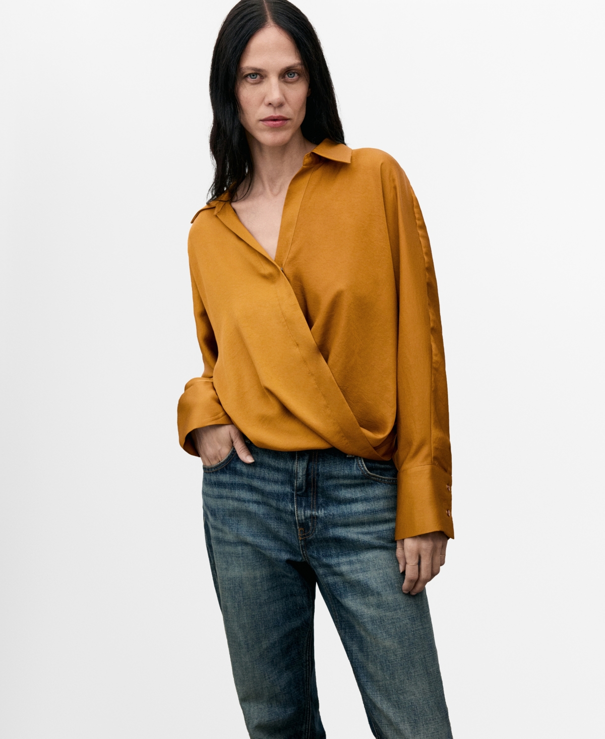 Click here for Mango Womens Cross-Over Satin Blouse - Mustard prices