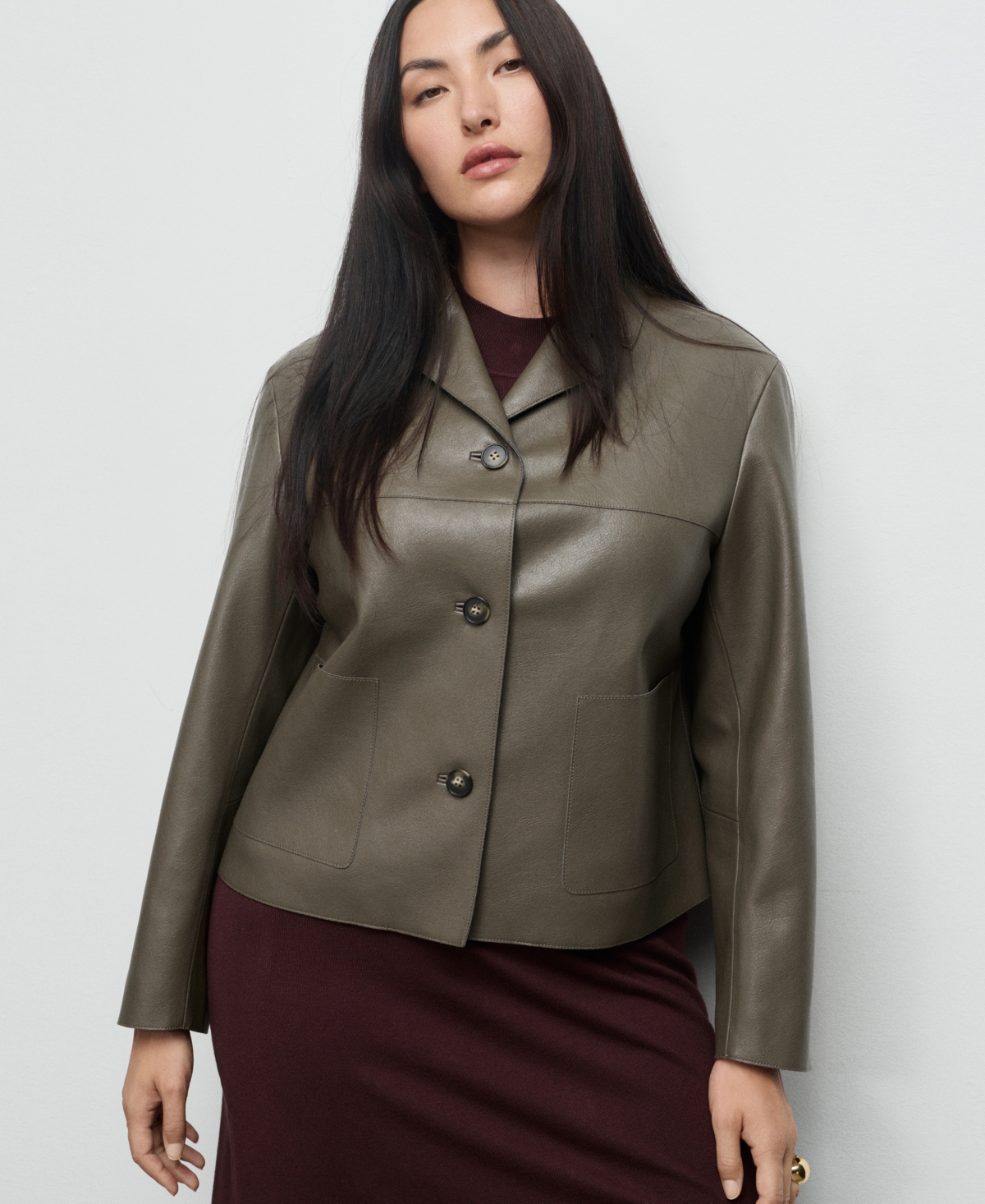 Click here for Mango Womens Pockets Leather-Effect Jacket - Olive... prices