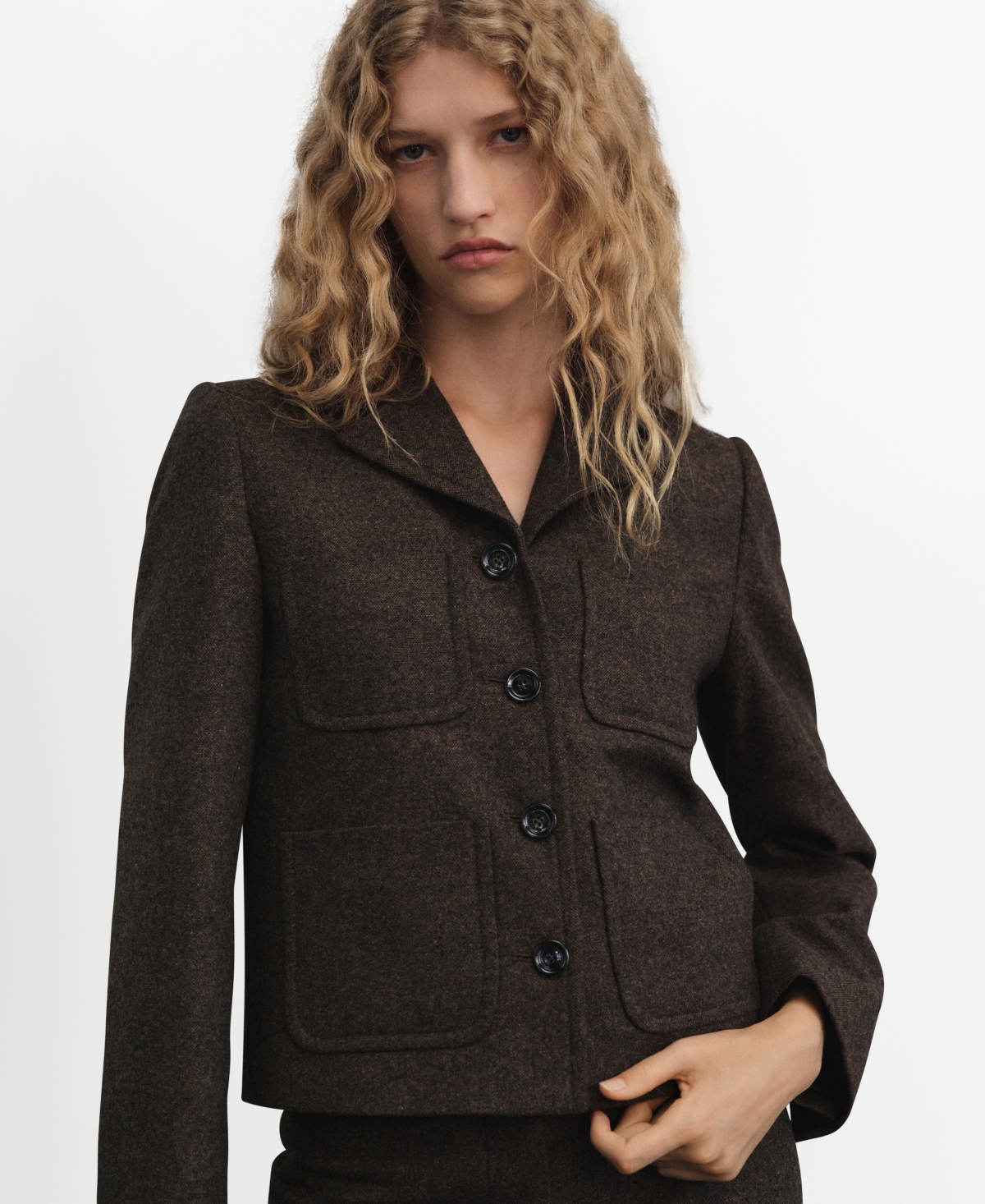 Click here for Mango Womens Speckled Wool Pockets Jacket - Brown prices