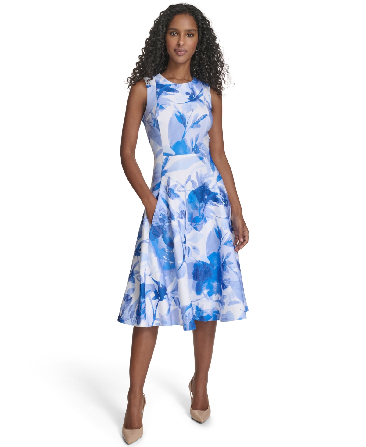 Click here for Calvin Klein Womens Crewneck Midi Dress - Blue prices