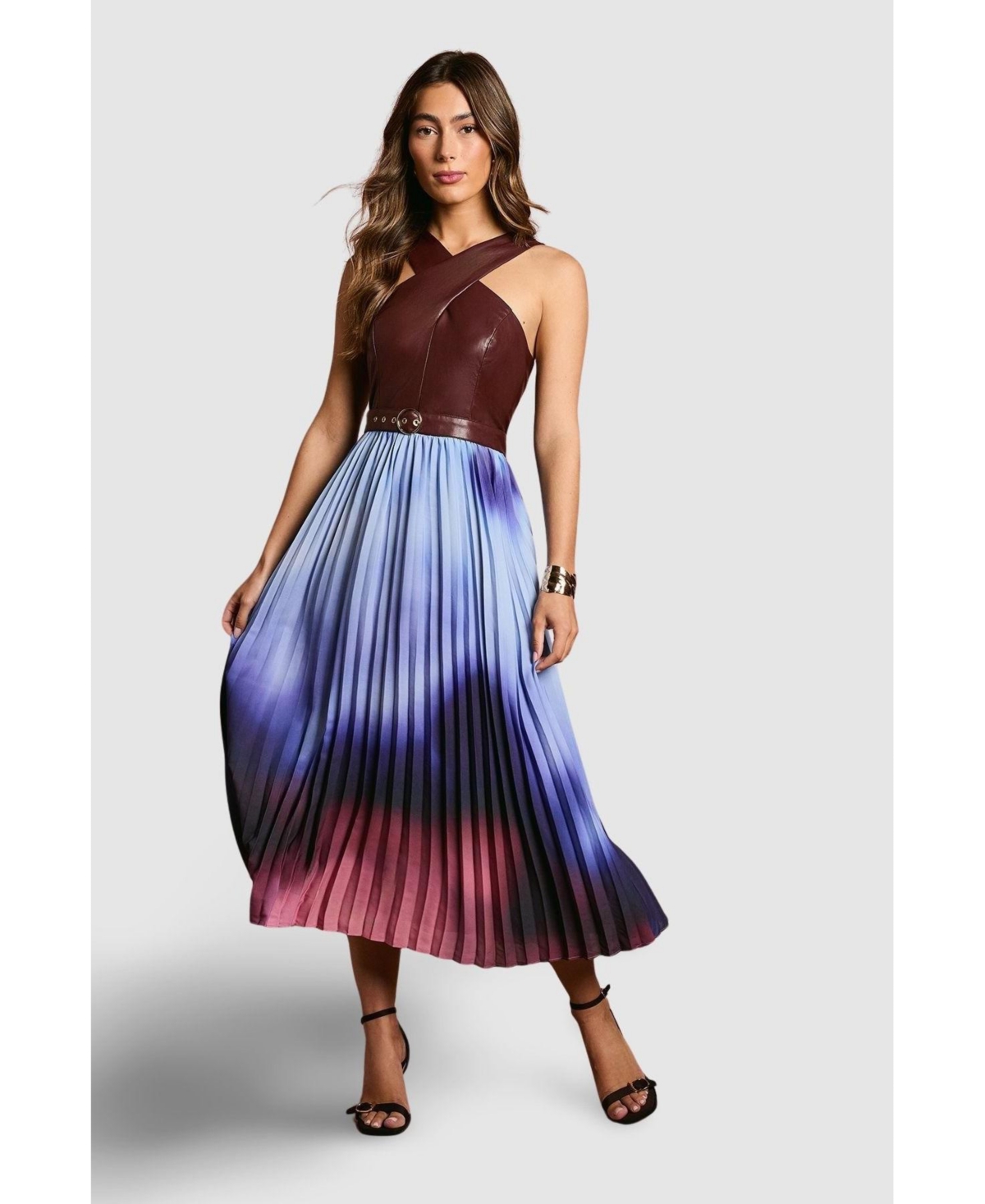 Click here for Coast Womens Pu Cross Neck Belted Midi Dress - Bur... prices