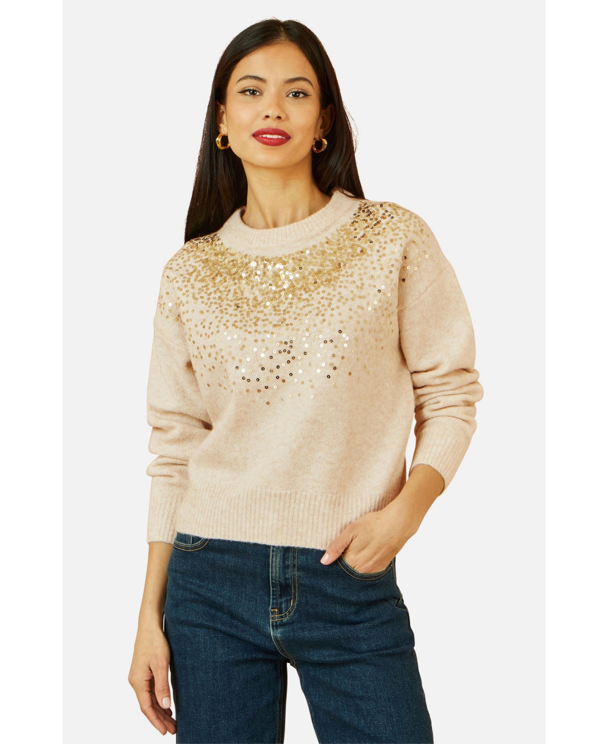 Click here for Yumi Womens Relaxed Knitted Sequin Sweater - Oatme... prices