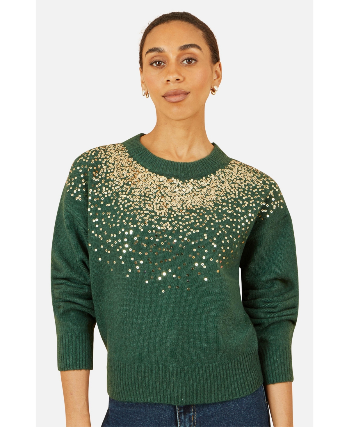 Click here for Yumi Womens Relaxed Knitted Sequin Sweater - Green prices