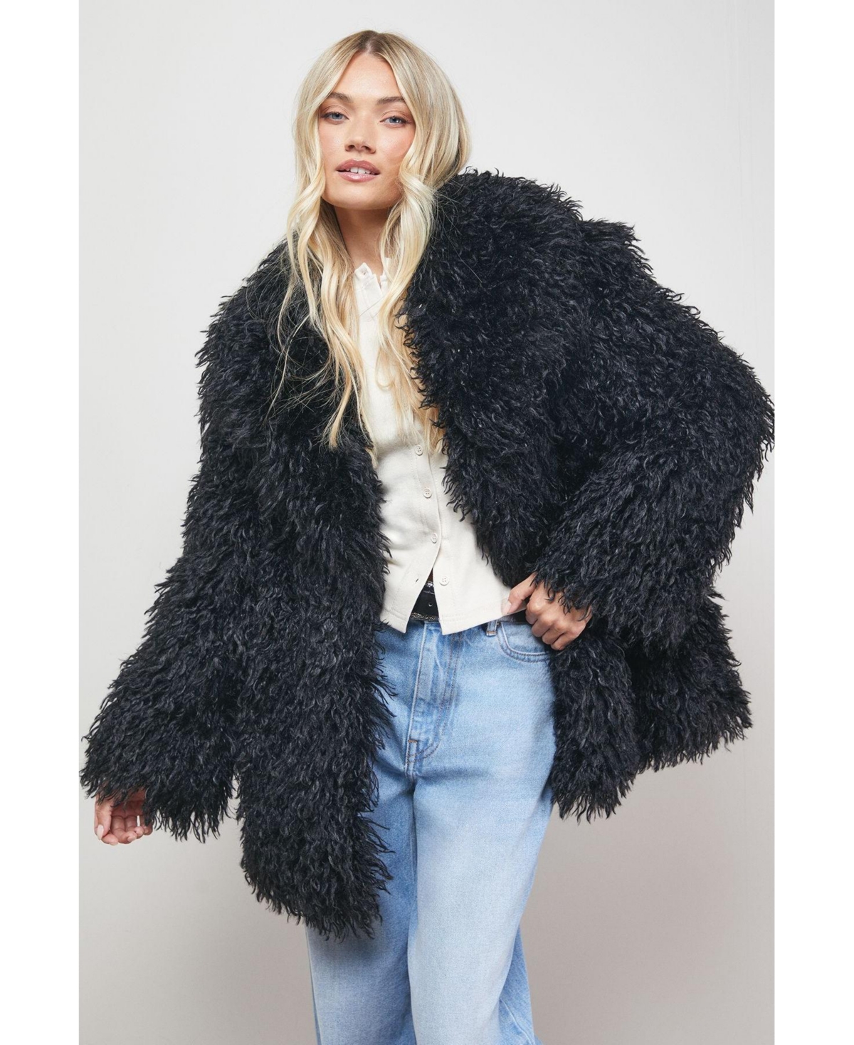 Click here for Oasis Womens Mongolian Faux Fur Short Coat - Black prices