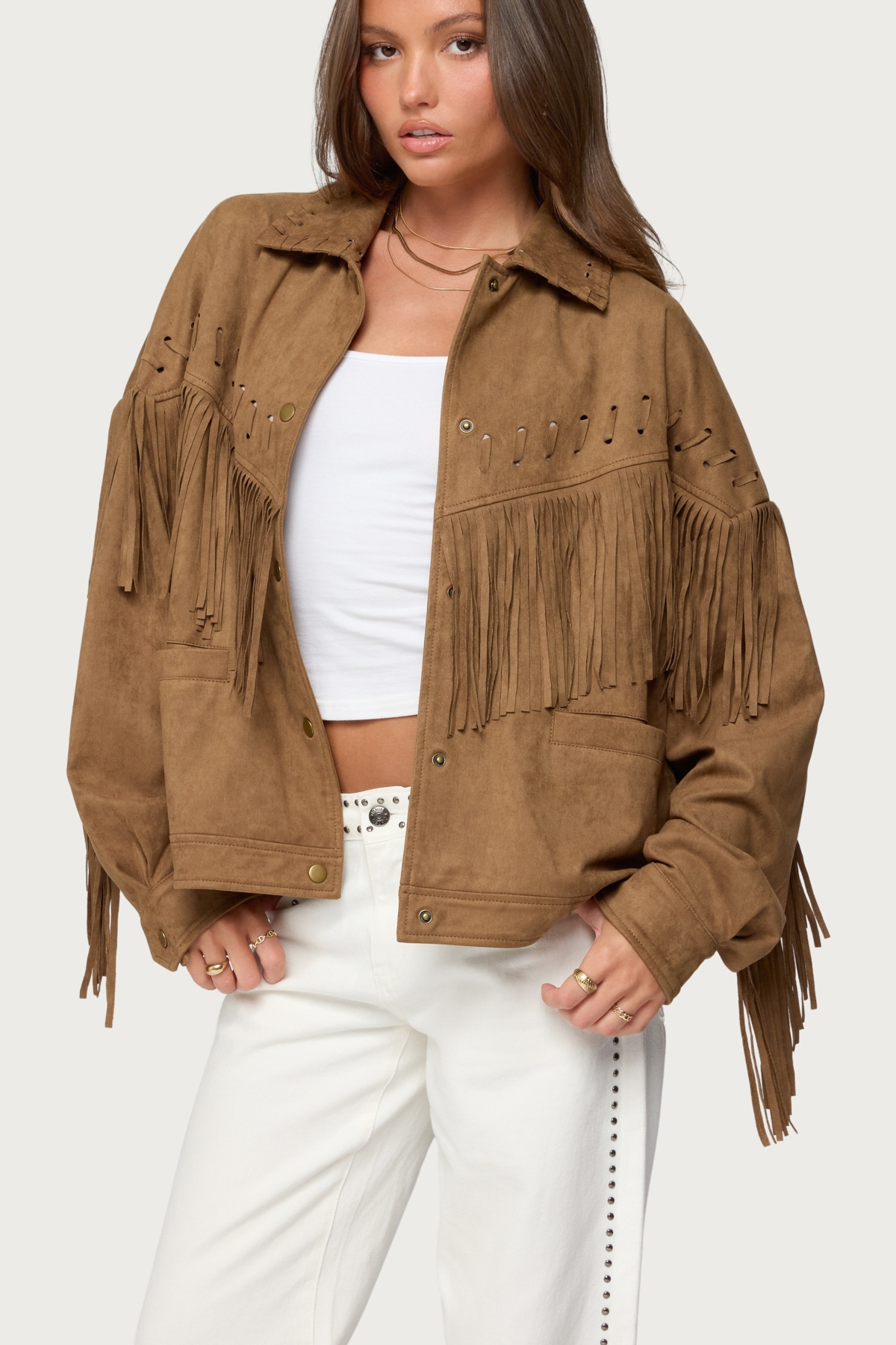 Click here for Edikted Womens Evonka Fringe Faux Suede Jacket - B... prices