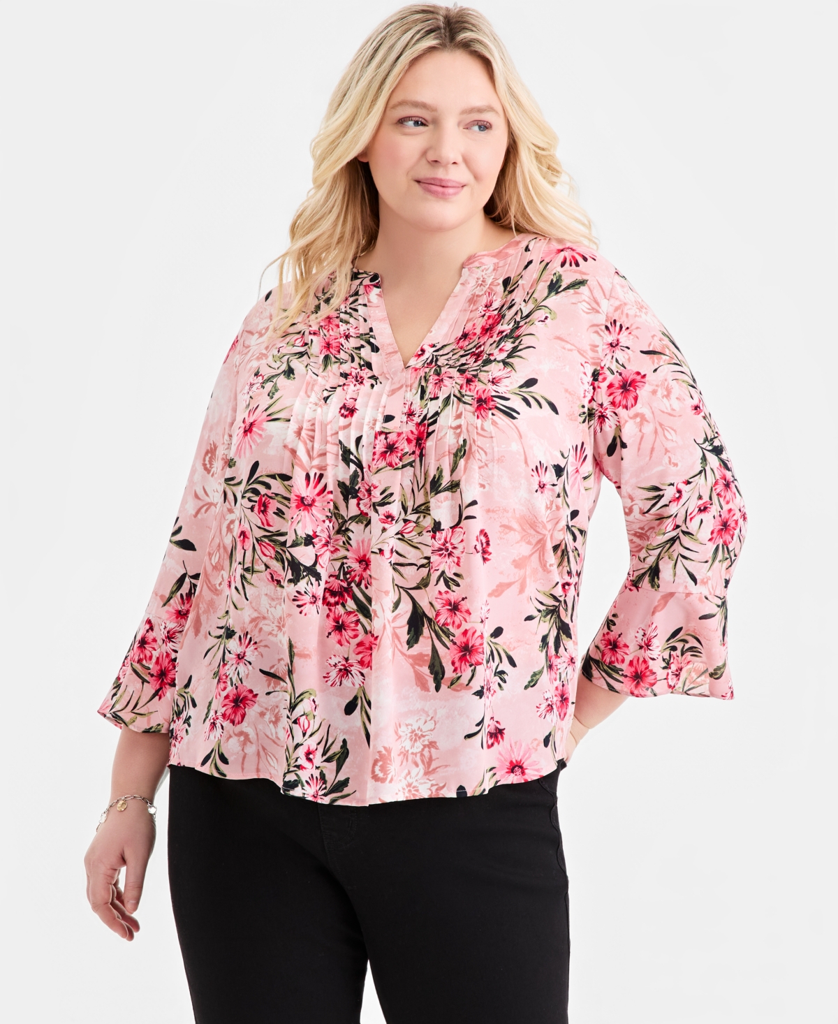 Click here for Style & Co Plus Size Printed Pintuck-Front 3/4-Sle... prices