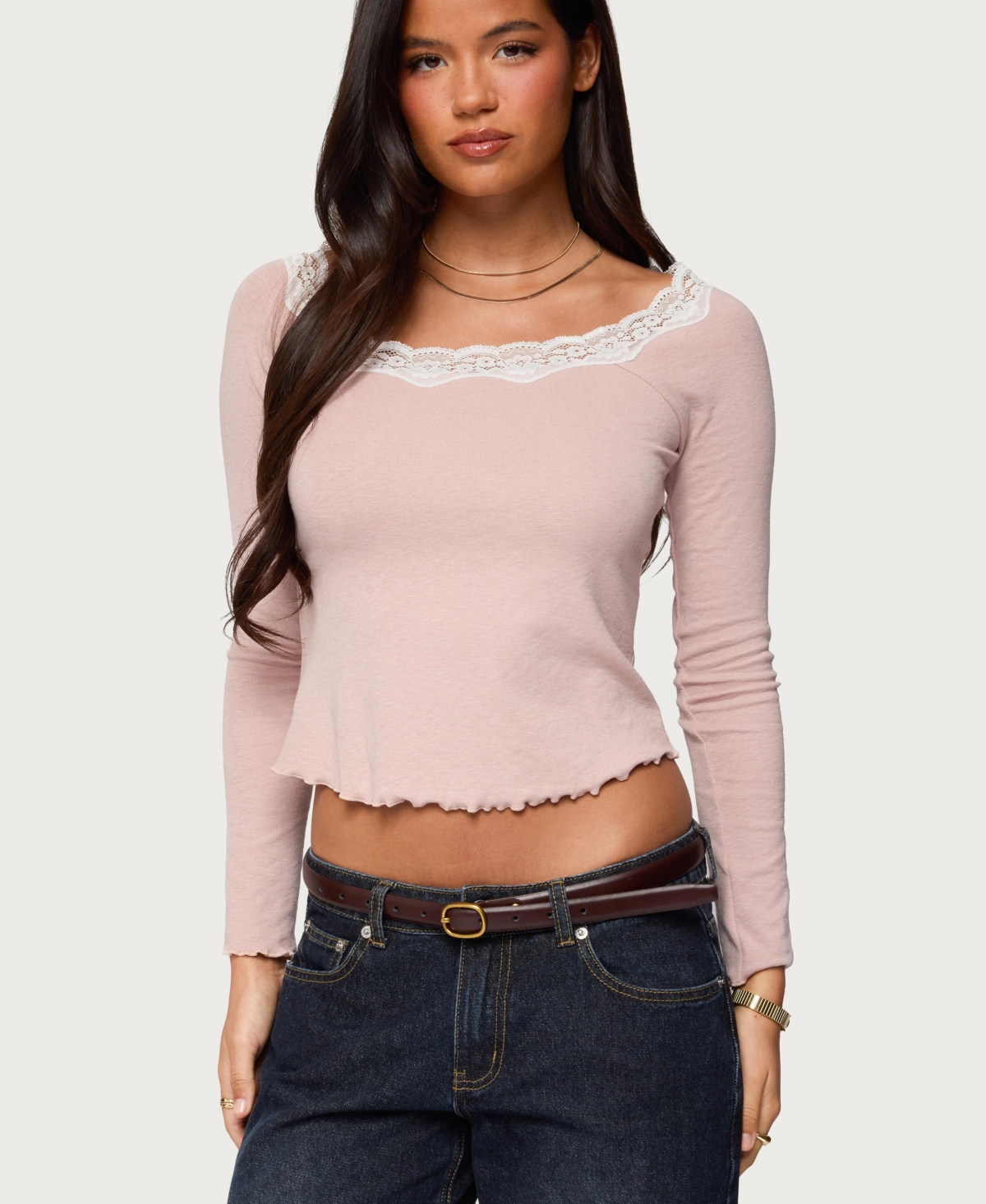 Click here for Edikted Womens Emmery Lacey Boat Neck Top - Mauve prices