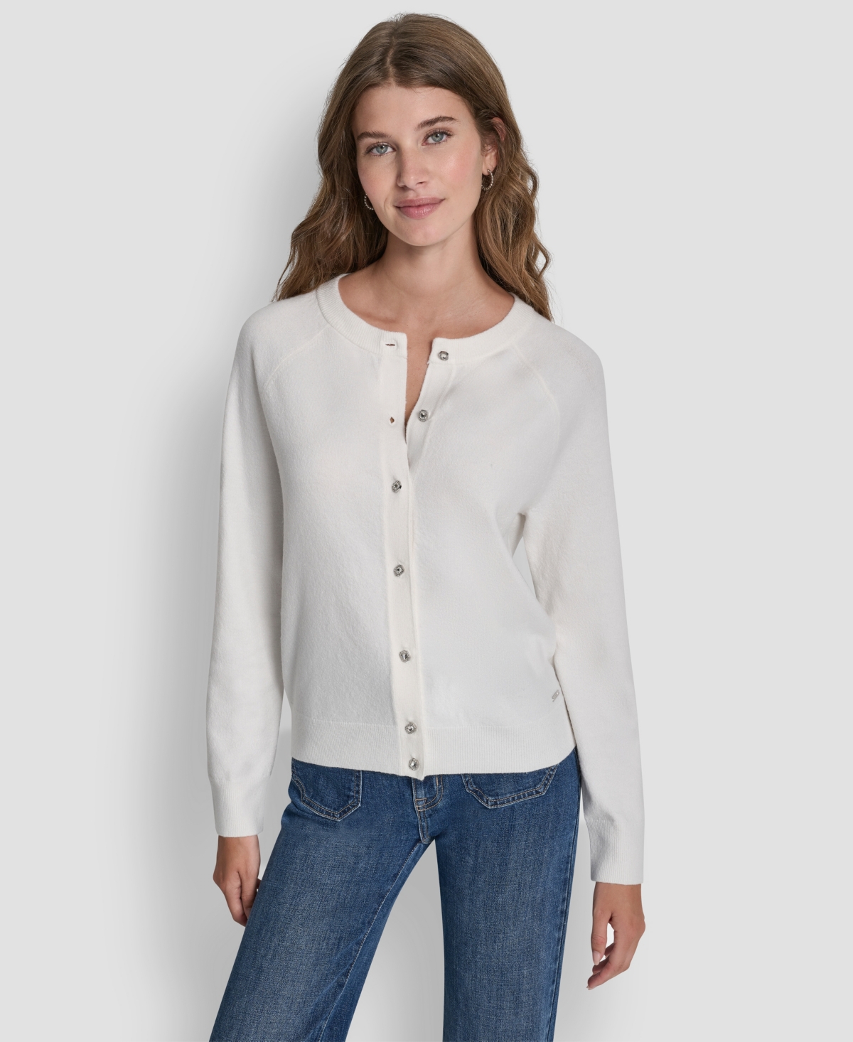 Click here for Dkny Jeans Womens Rhinestone Button-Front Crewneck... prices