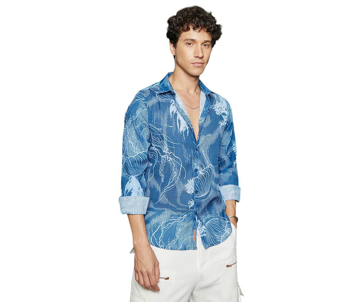 Click here for Campus Sutra Mens Jellyfish Contrast Shirt - Blue prices