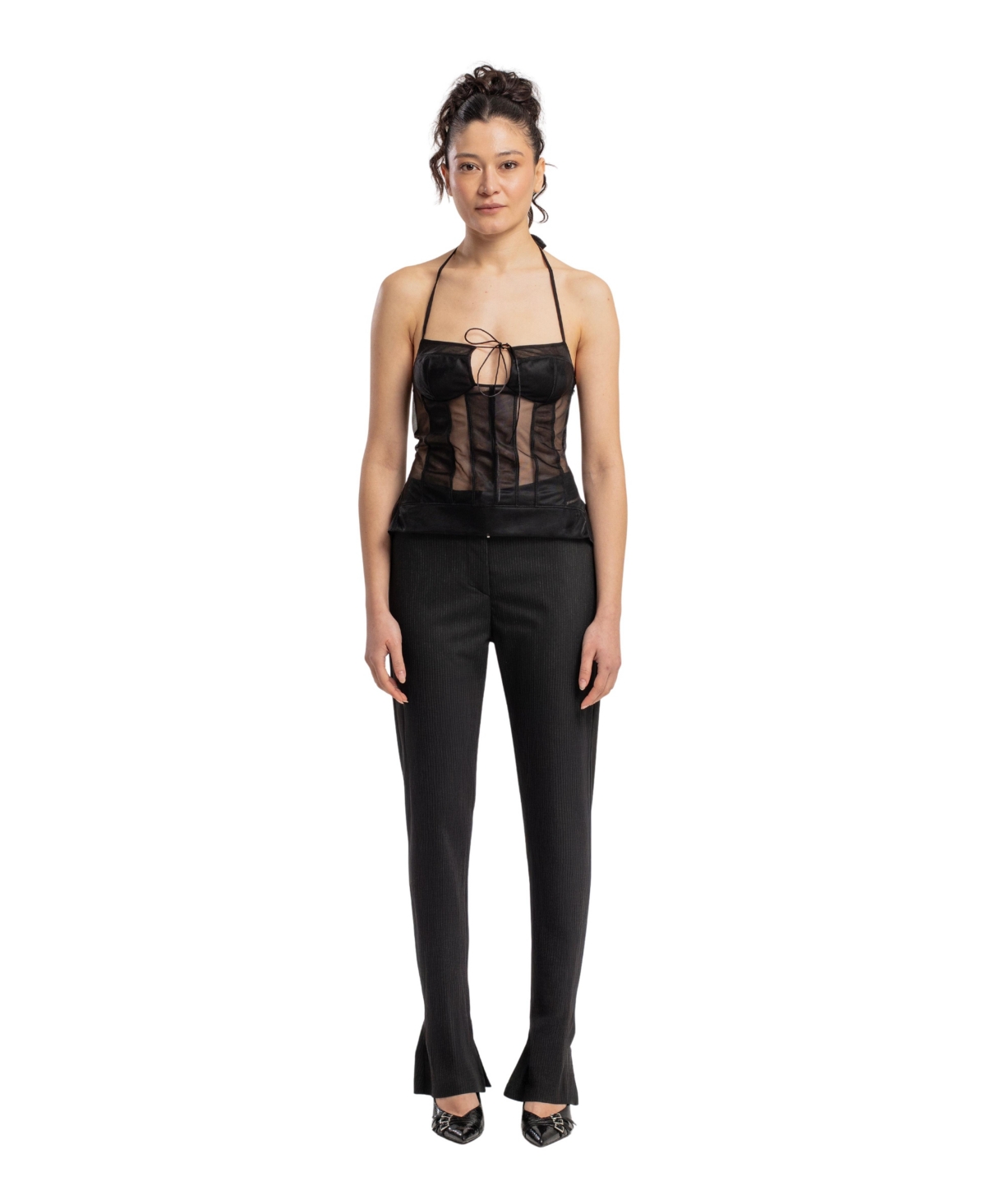 Click here for Pcfg Womens Sheer Tulle Birdcage Detail Top - Blac... prices