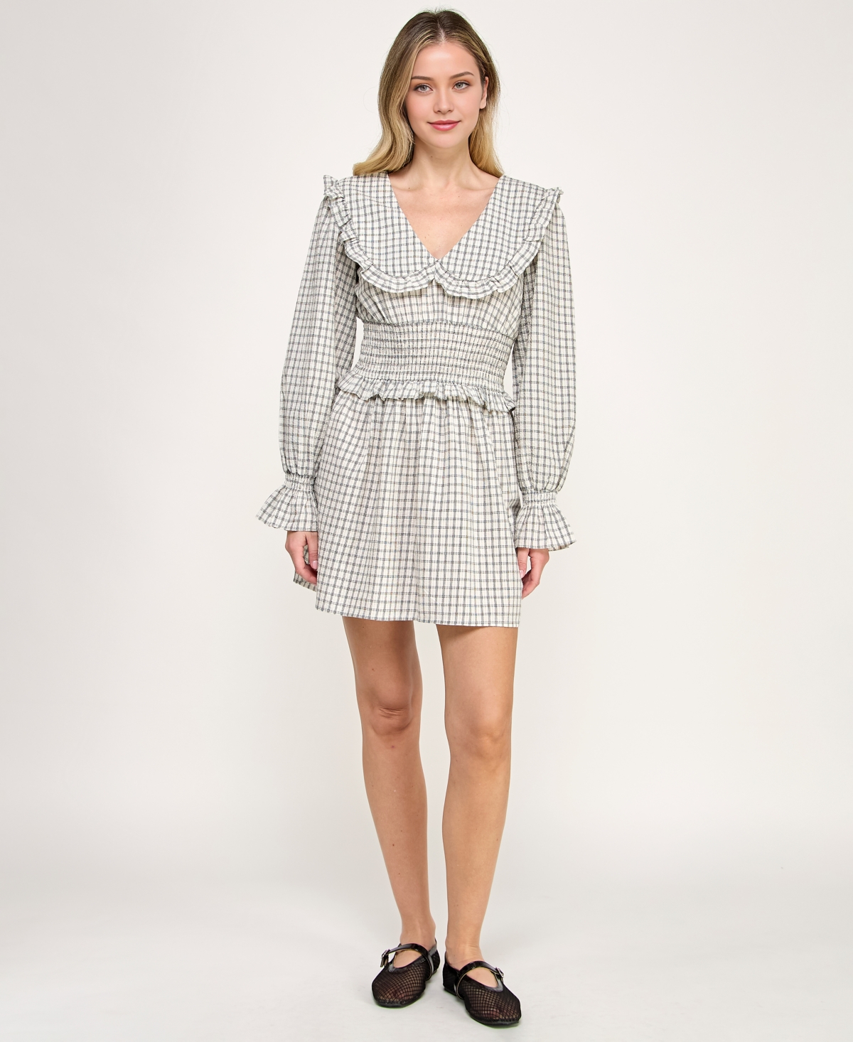 Click here for Crystal Doll Womens Peter Pan Collar Smocked Pull-... prices