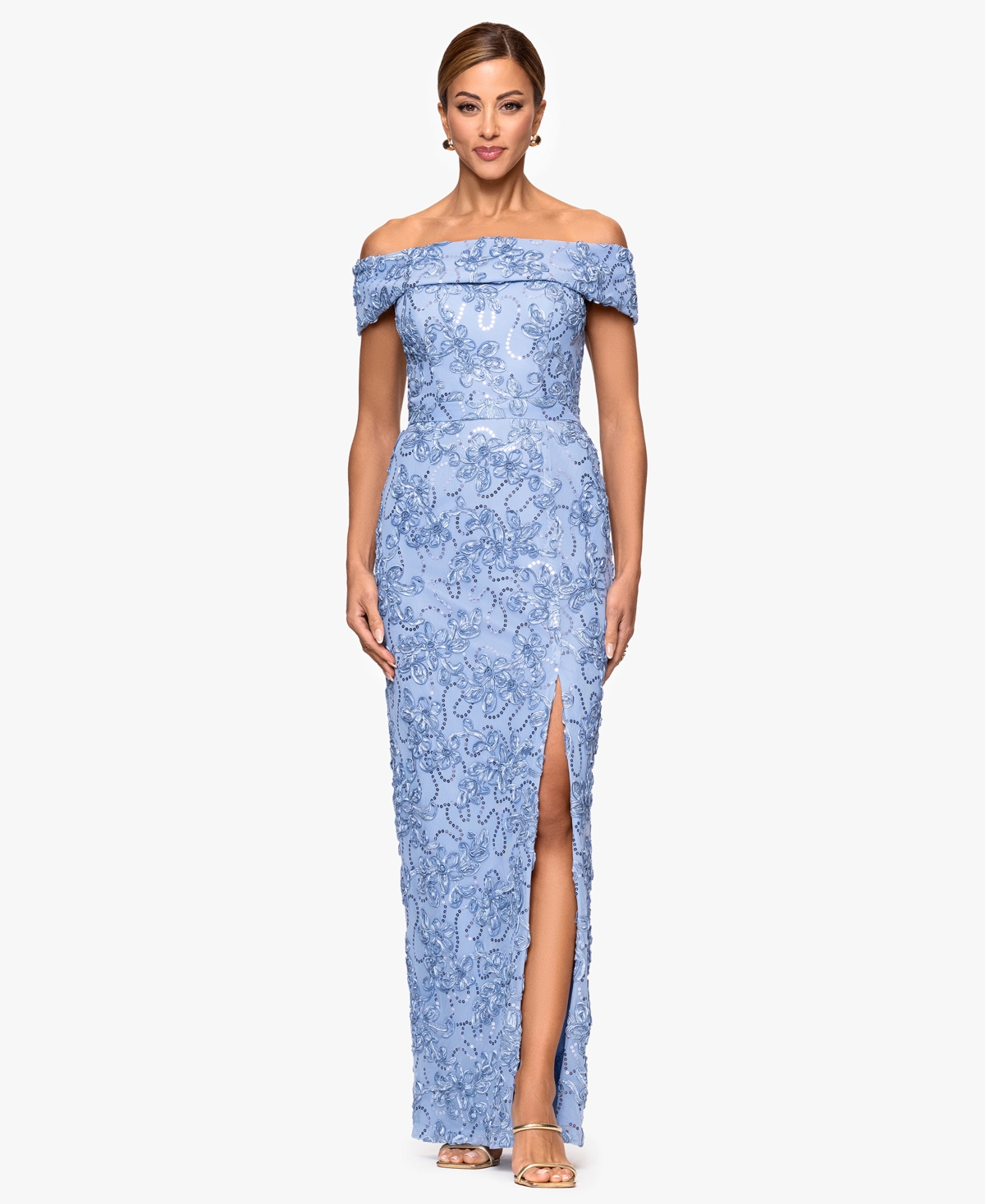 Click here for Xscape Petite Straight Neck Off-The-Shoulder Long... prices