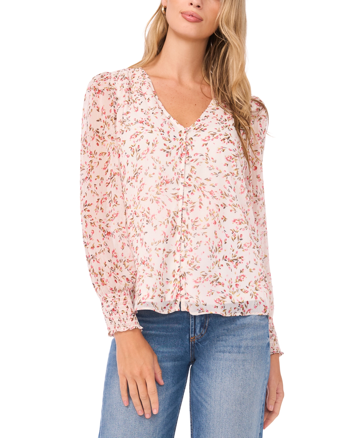 Click here for Sam & Jess Petite Button-Front Smocked-Cuff Blouse... prices