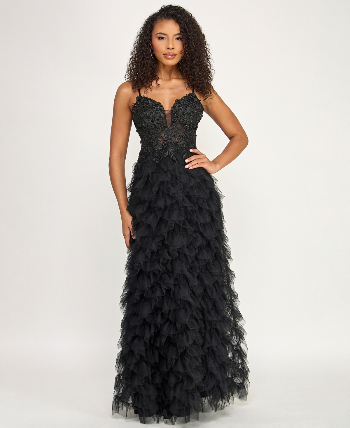 Click here for Say Yes Juniors V-Neck Ruffled Skirt Gown - Black prices