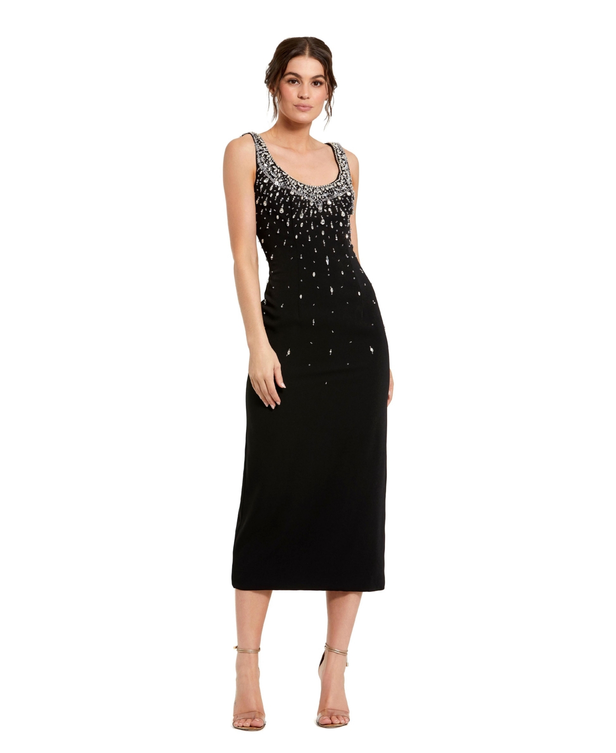 Mac Duggal Womens Beaded Crepe Scoop Neck Sleeveless Midi Dress - Black