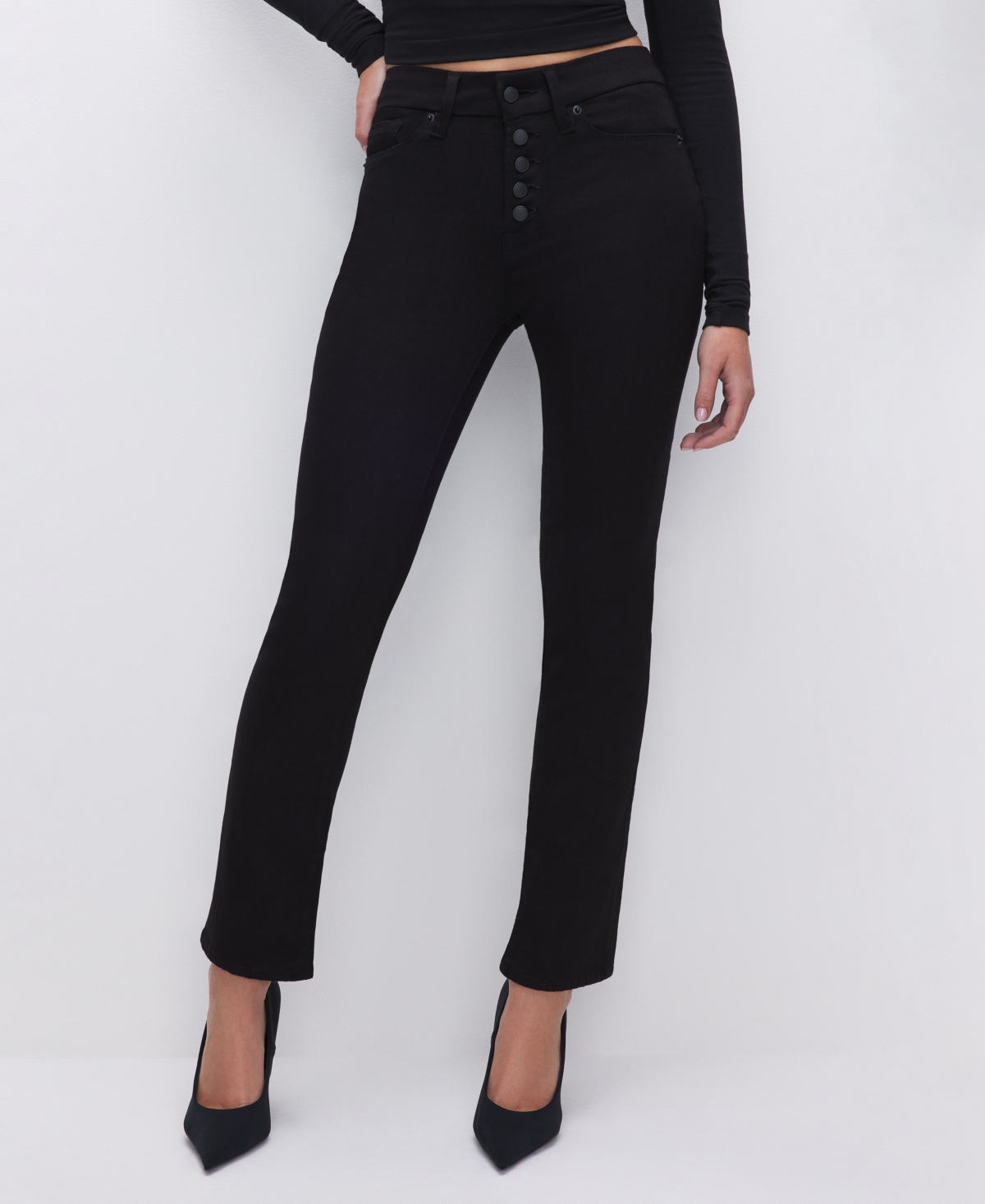 Good American Womens Never Fades Good Legs High-Rise Straight-Leg Jeans - Black