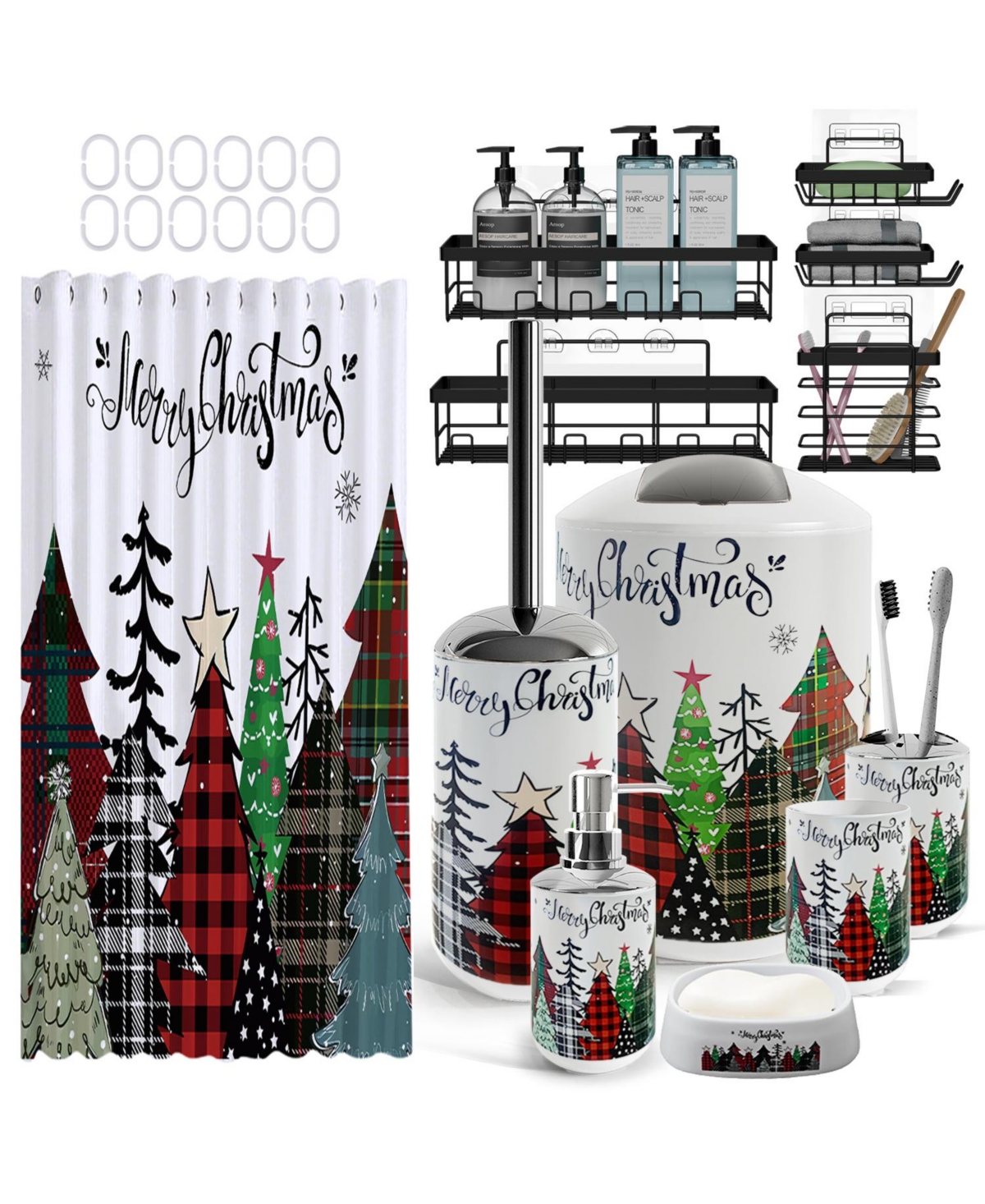 24-Piece Complete Holiday Bathroom Decor & Accessory Set with Shower Caddy Set - Christmas