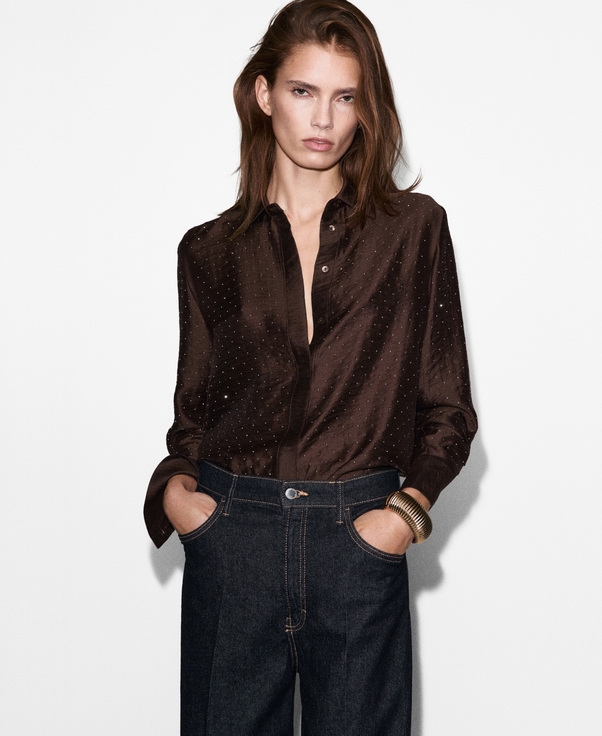 Click here for Mango Womens Rhinestones Satin Shirt - Brown prices