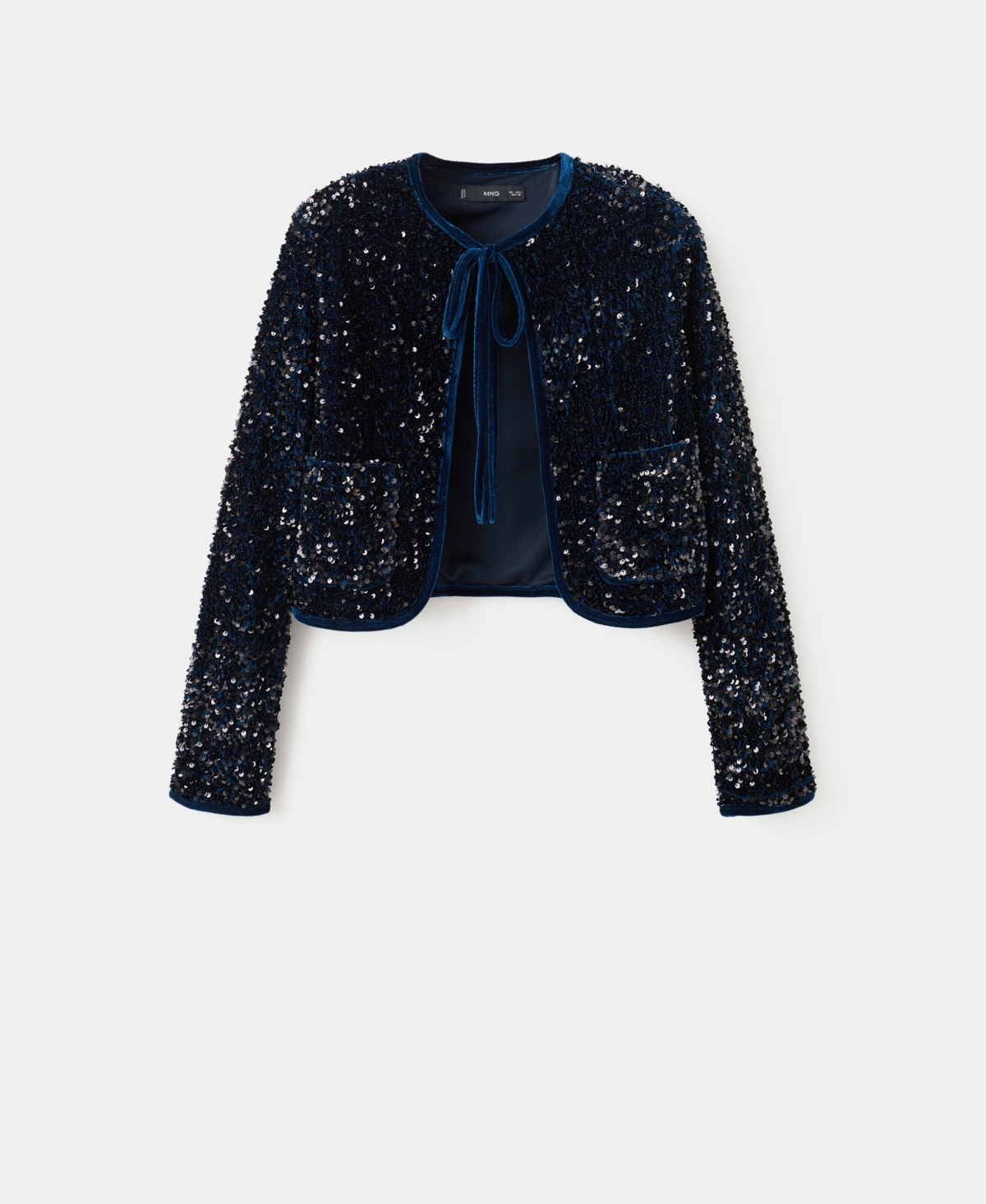 Click here for Mango Womens Sequins And Bow Velvet Jacket - Navy prices
