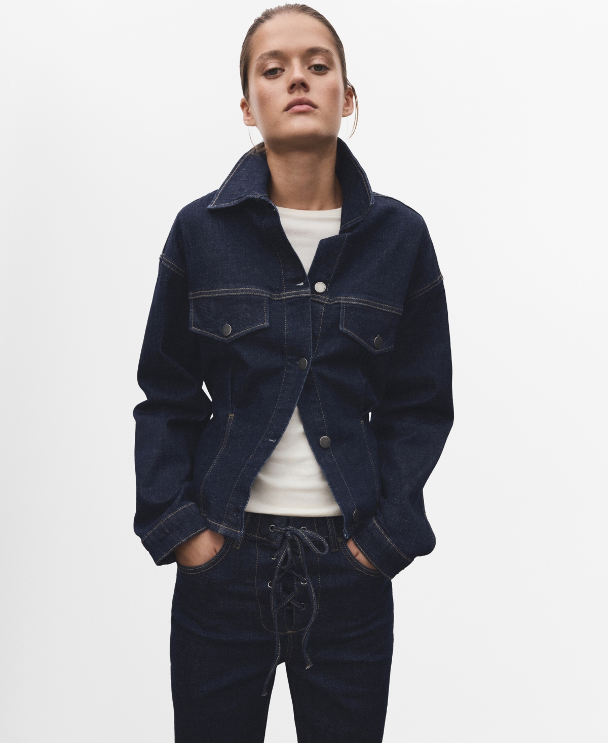 Click here for Mango Womens Pockets Fitted Denim Jacket - Open Bl... prices