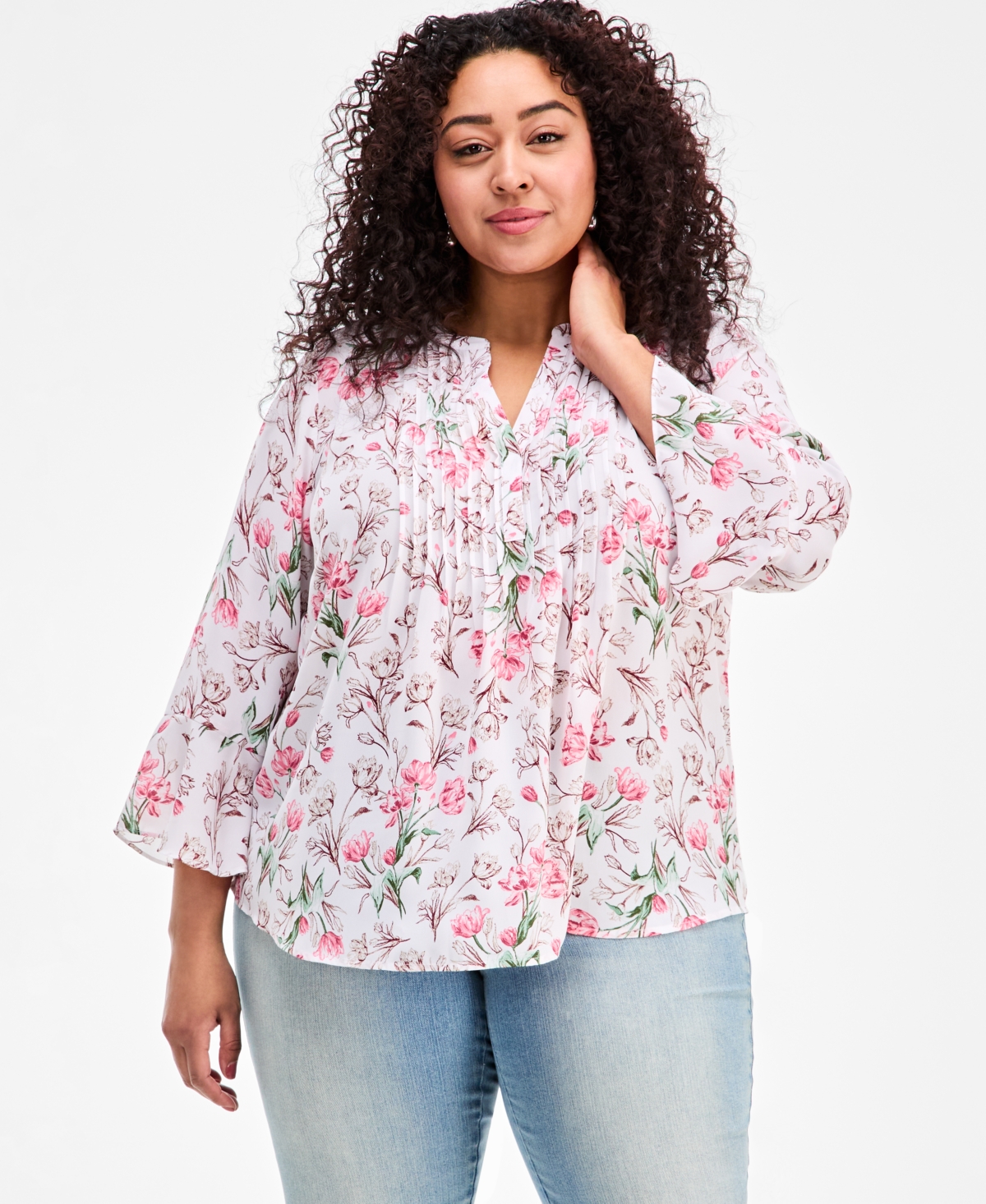 Click here for Style & Co Plus Size Floral-Print Pintucked Top  M... prices