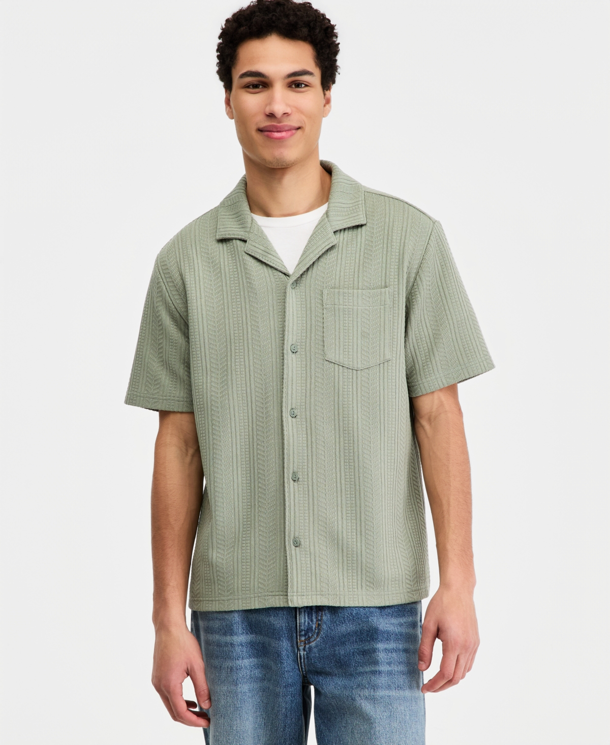 Click here for Sun + Stone Mens Textured Chevron Knit Short Sleev... prices