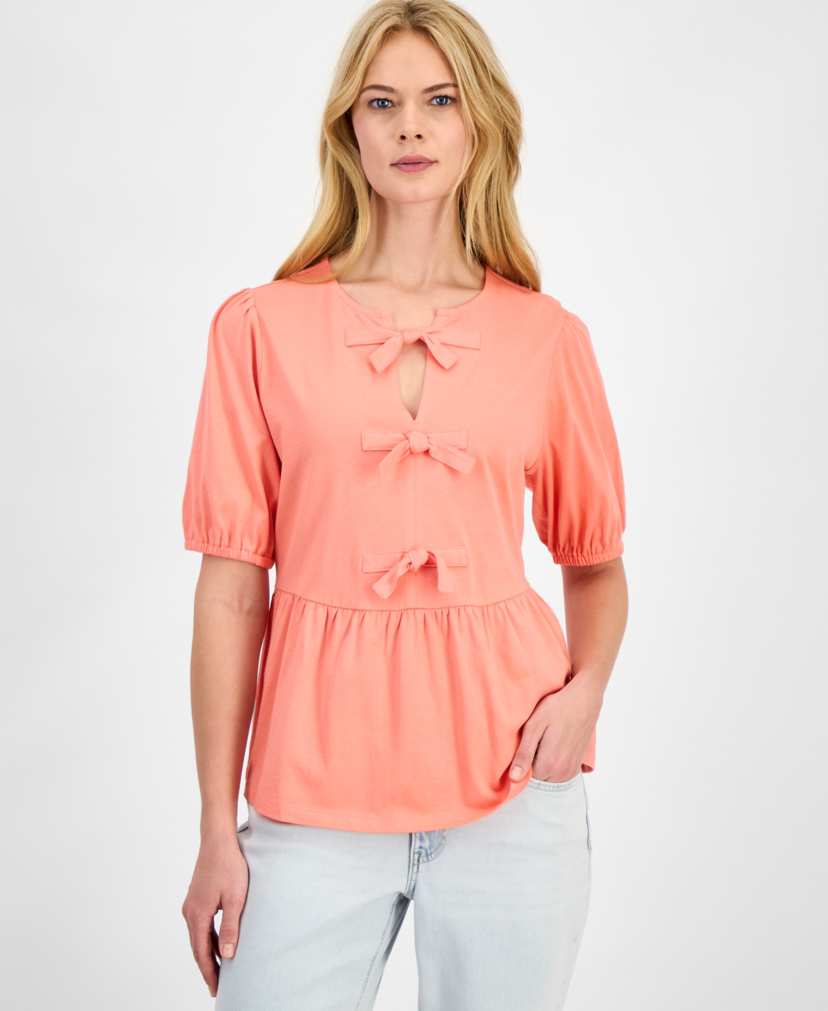 Click here for Nautica Jeans Womens Solid Bow Peplum Top - Bloom prices