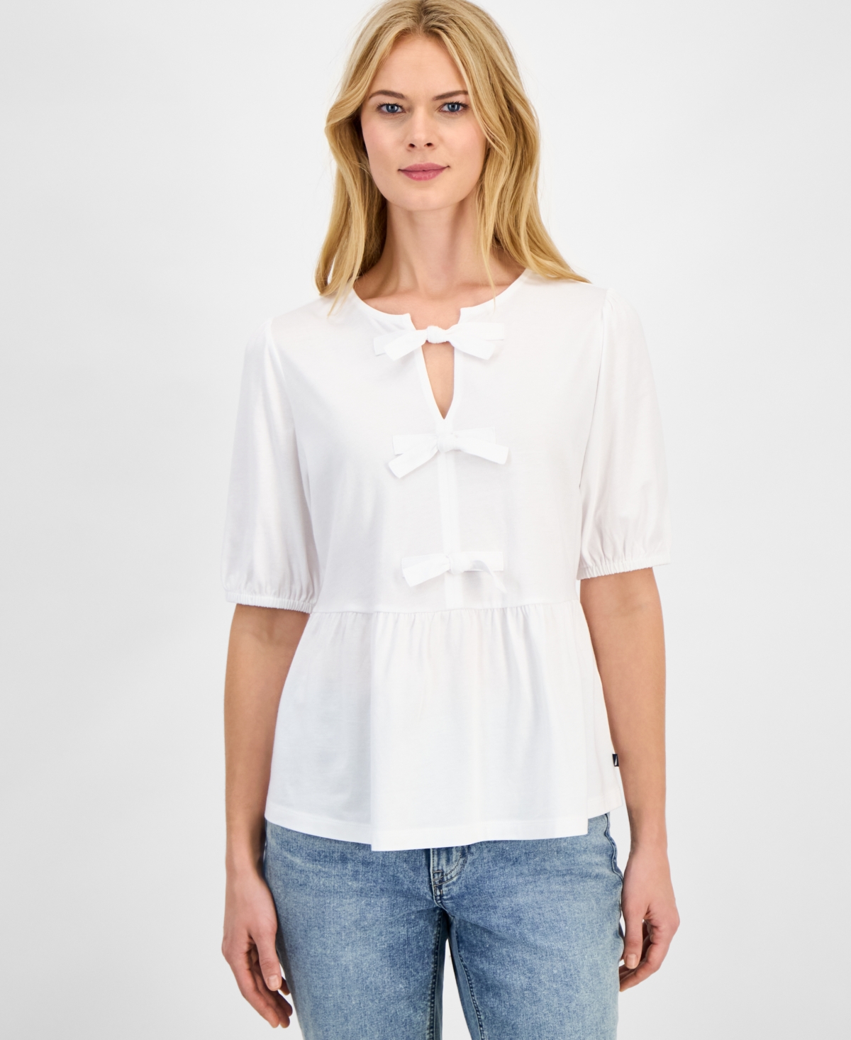 Click here for Nautica Jeans Womens Solid Bow Peplum Top - Bright... prices