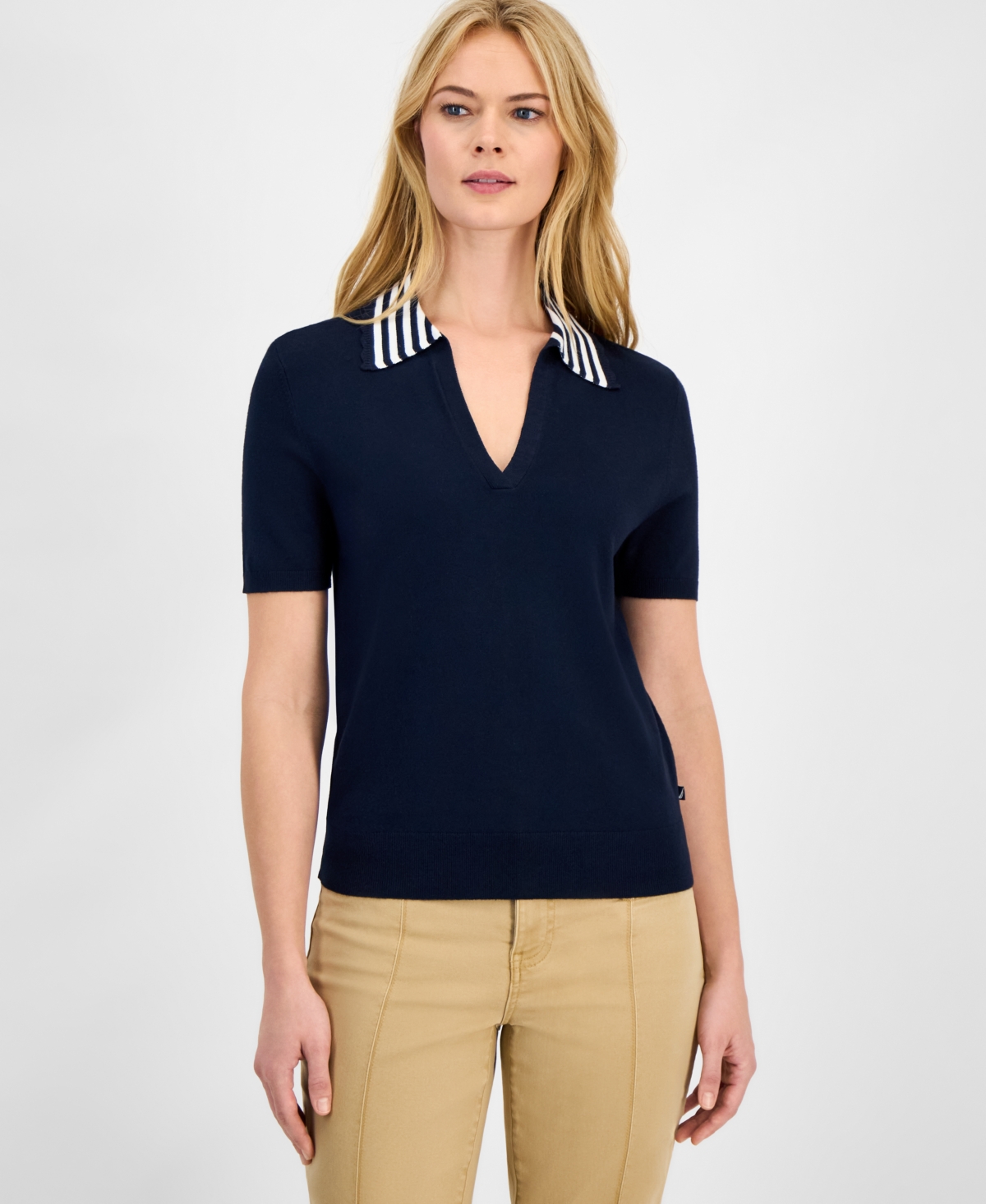 Click here for Nautica Womens Striped Johnny-Collar Sweater - Nig... prices