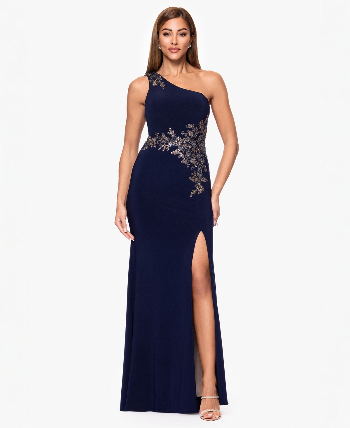Click here for Xscape Petite One-Shoulder Applique Ball Gown - Na... prices