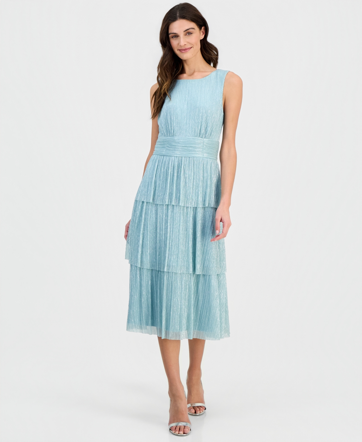 Click here for Connected Womens Tiered Textured Sleeveless Midi D... prices
