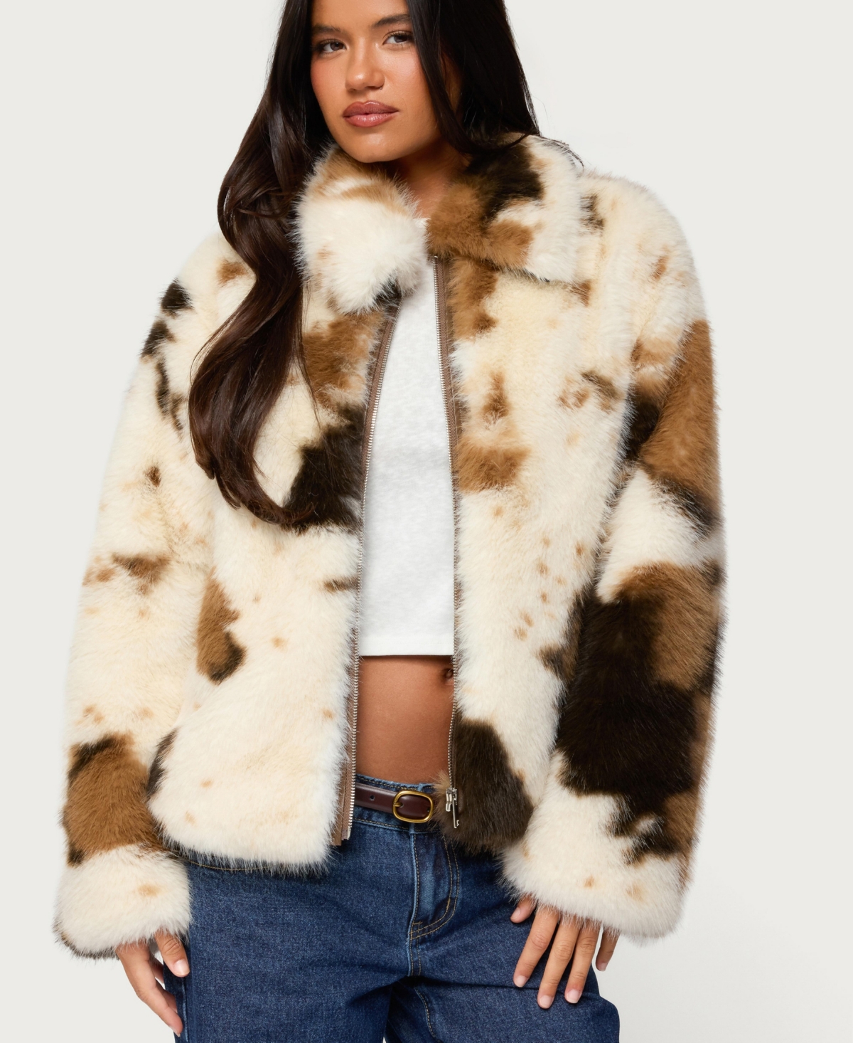 Click here for Edikted Womens Rayan Cow Print Faux Fur Jacket - M... prices