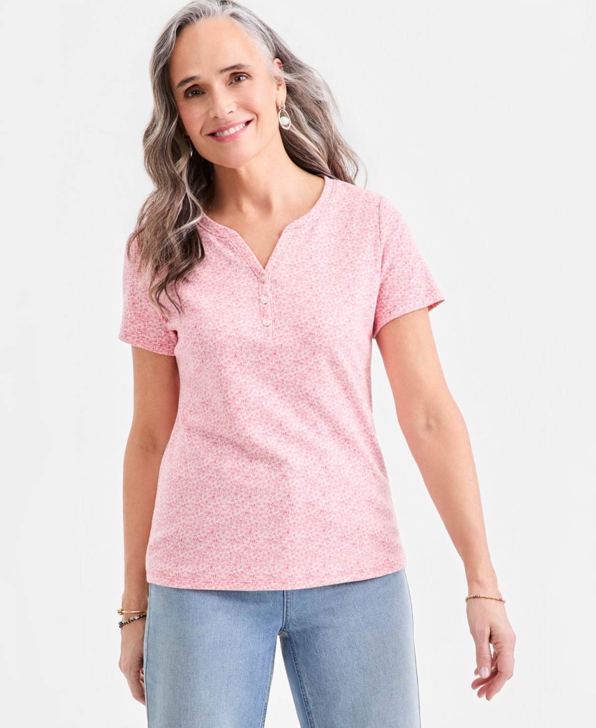 Click here for Style & Co Womens Printed Short-Sleeve Henley Top... prices
