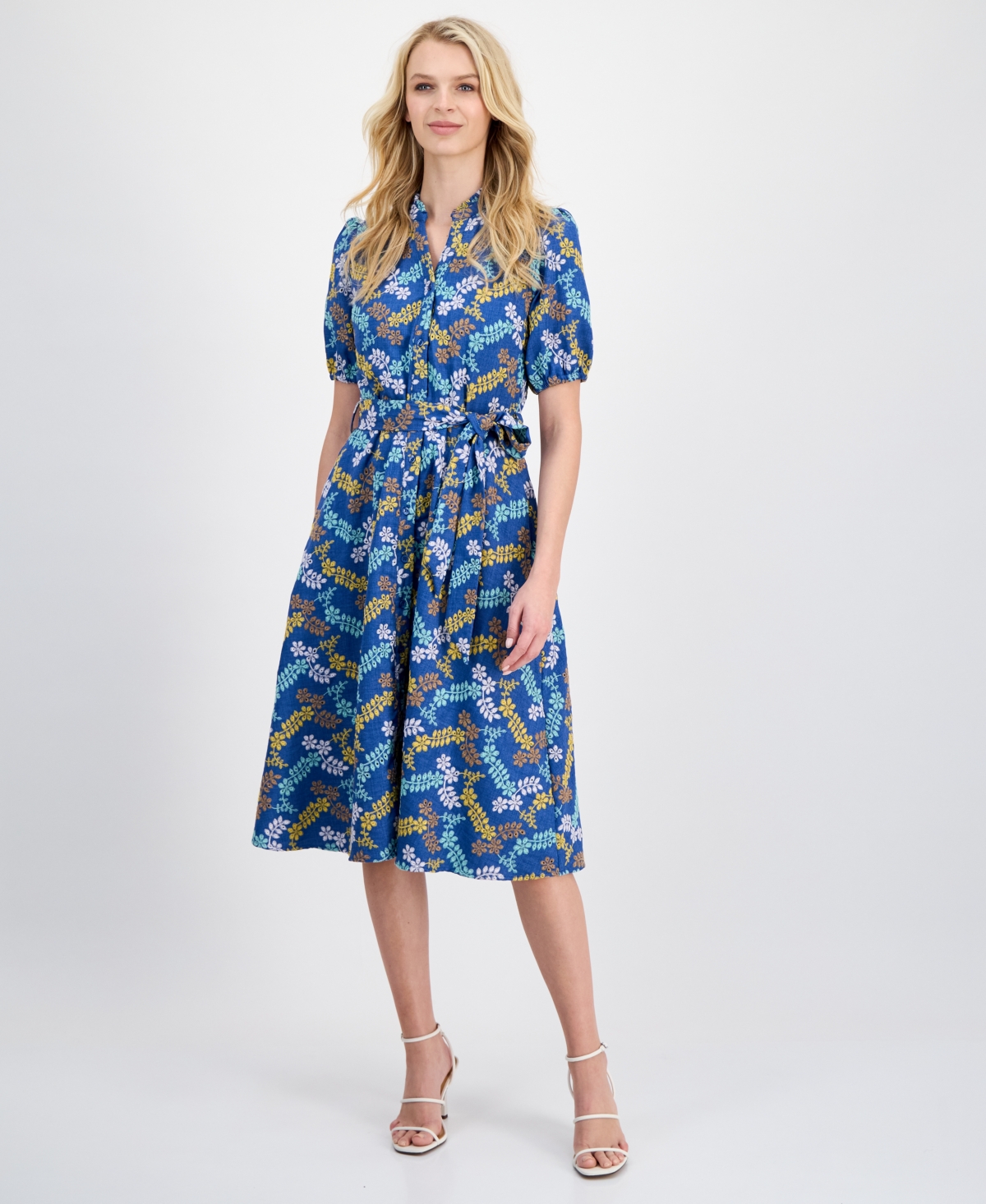 Click here for T Tahari Womens Embroidered Tie-Waist Midi Dress -... prices