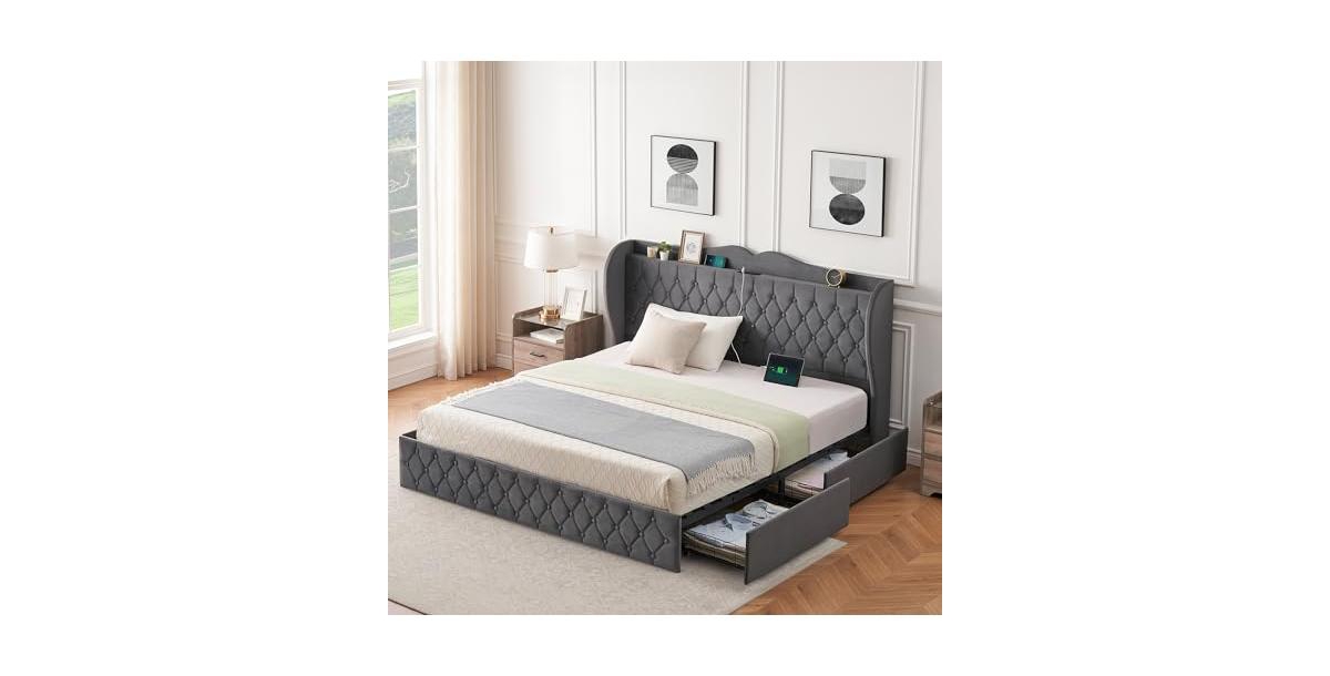 Click here for gaomon Size Grey Velvet Bed Frame with 4 Convenien... prices