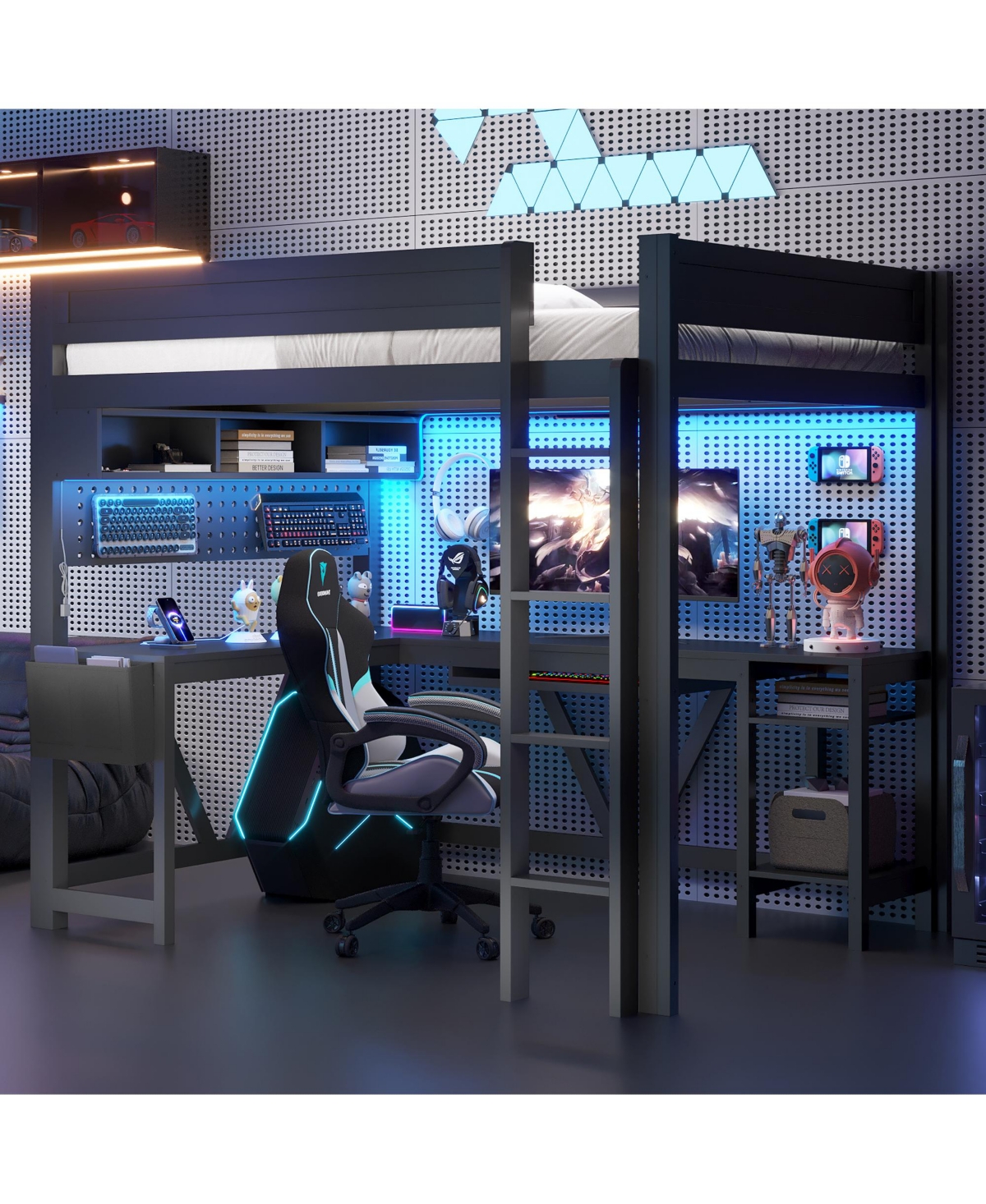 Click here for Flynama Wood Full Size Gaming Loft Bed w Built In... prices