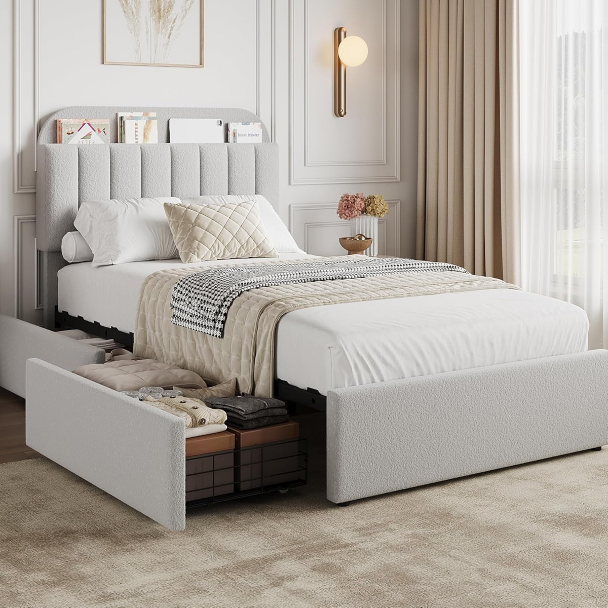 Click here for gaomon Boucle Upholstered Platform Bed with 2 Stor... prices