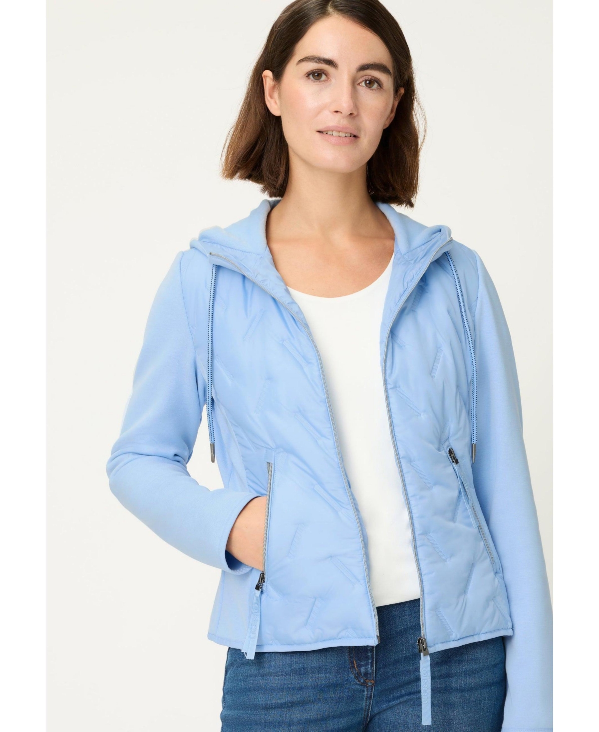 Click here for Olsen Womens Mixed Media Jacket with Hood - Cloud... prices