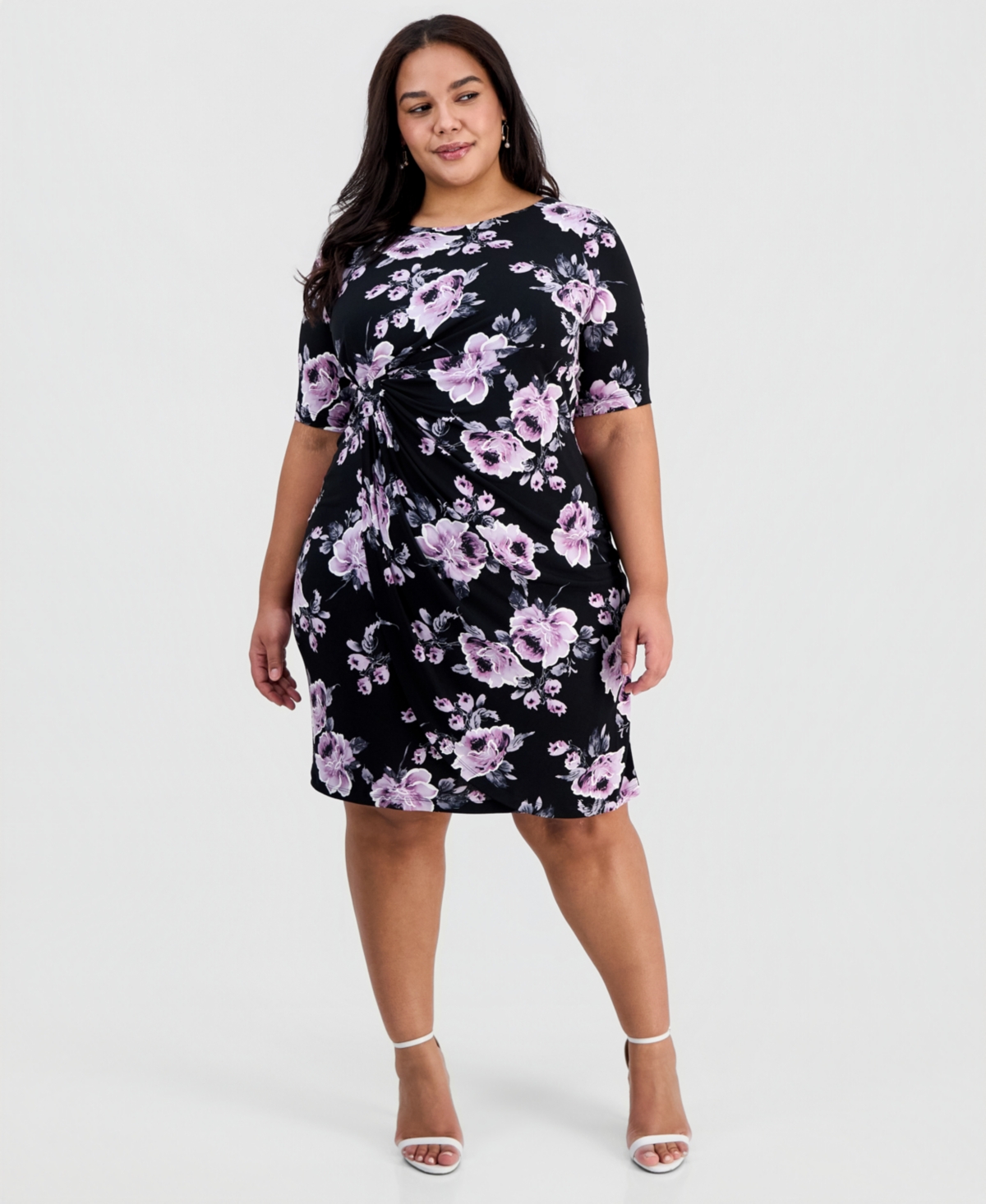 Click here for Connected Plus Size Floral Twist-Front Elbow-Sleev... prices