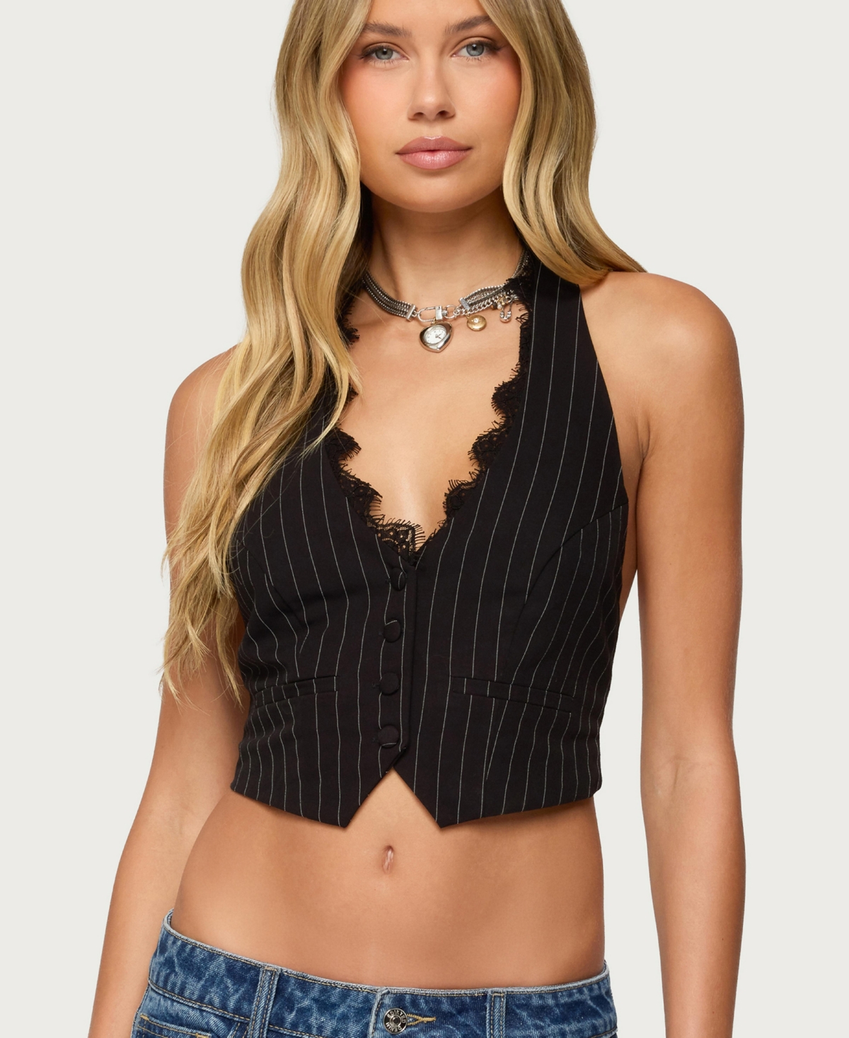 Click here for Edikted Womens Devon Lacey Pinstripe Halter Top -... prices