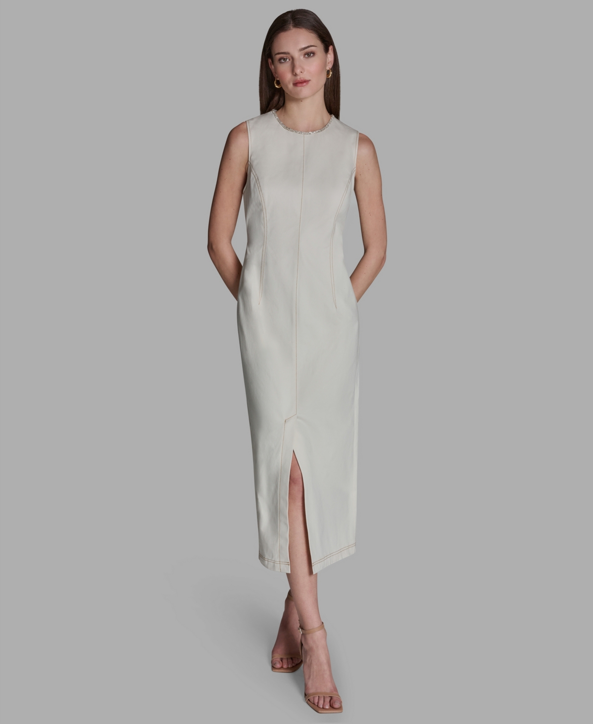 Click here for Bcbg Womens Sleeveless Rhinestone Crew neck Midi D... prices