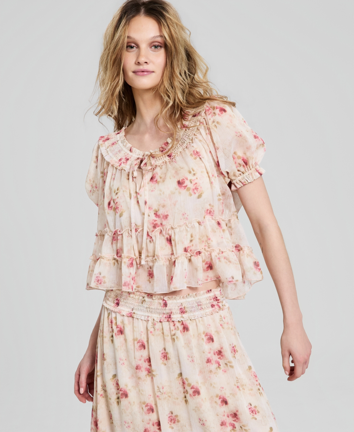 And Now This Womens Ruffled Tie-Neck Top  Macys Exclusive - Peach Floral