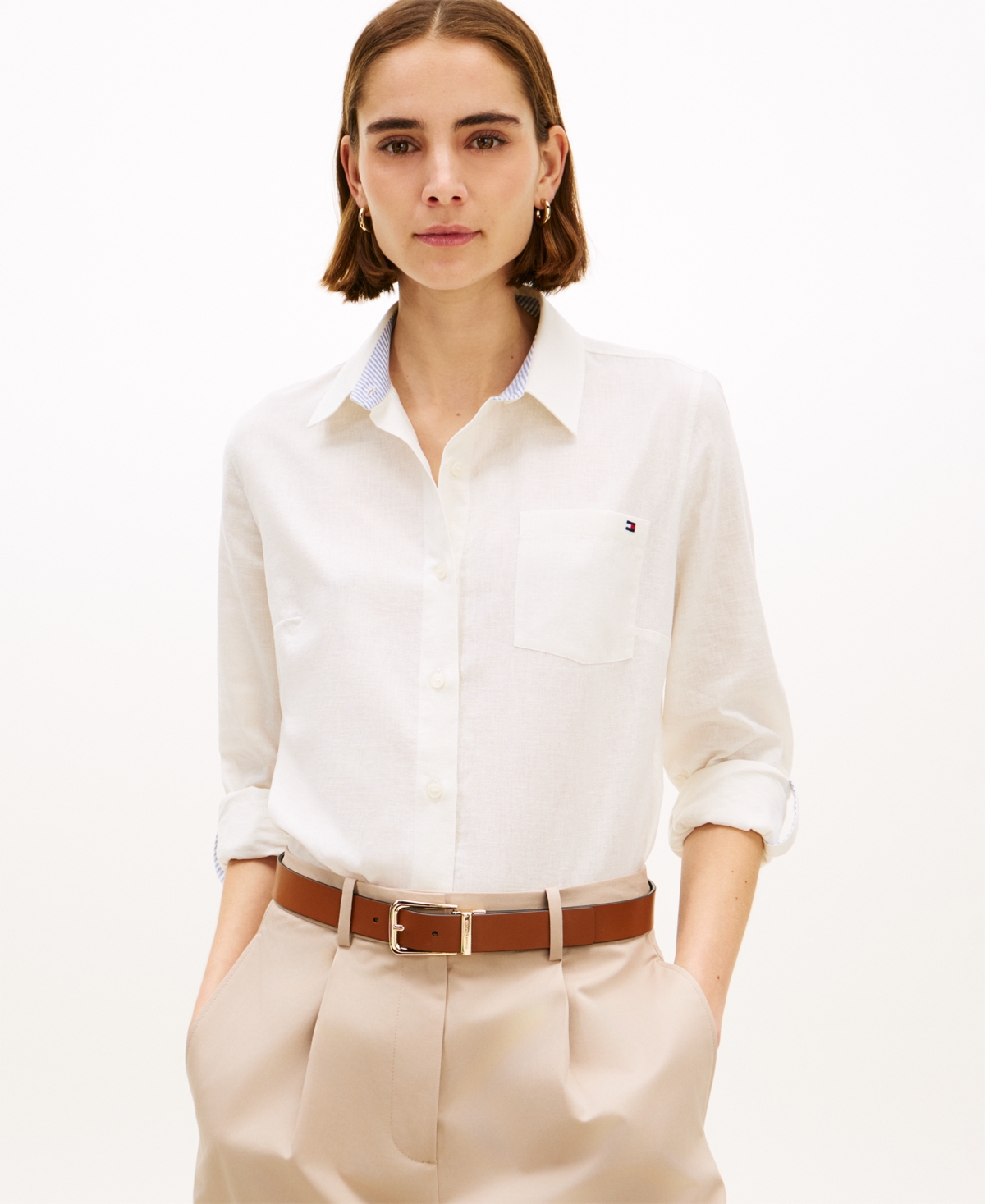 Click here for Tommy Hilfiger Womens Roll-Tab Sleeve Collared Shi... prices