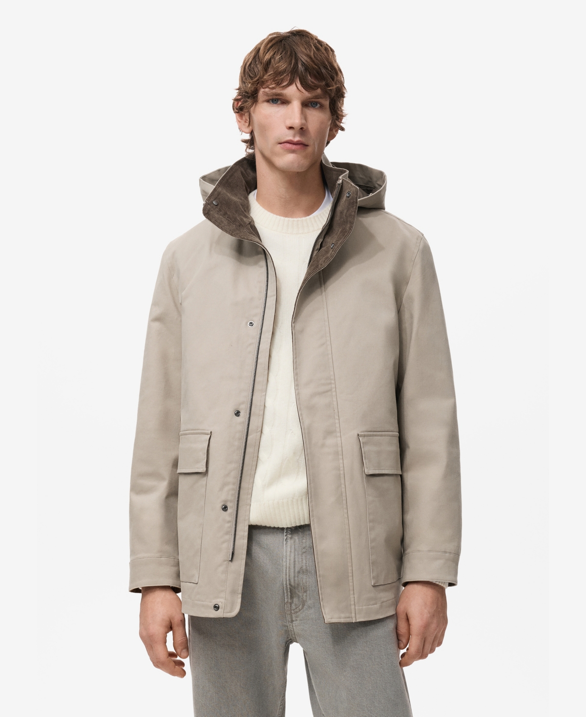 Click here for Mango Mens Detachable Inner Hood Parka - Sand prices