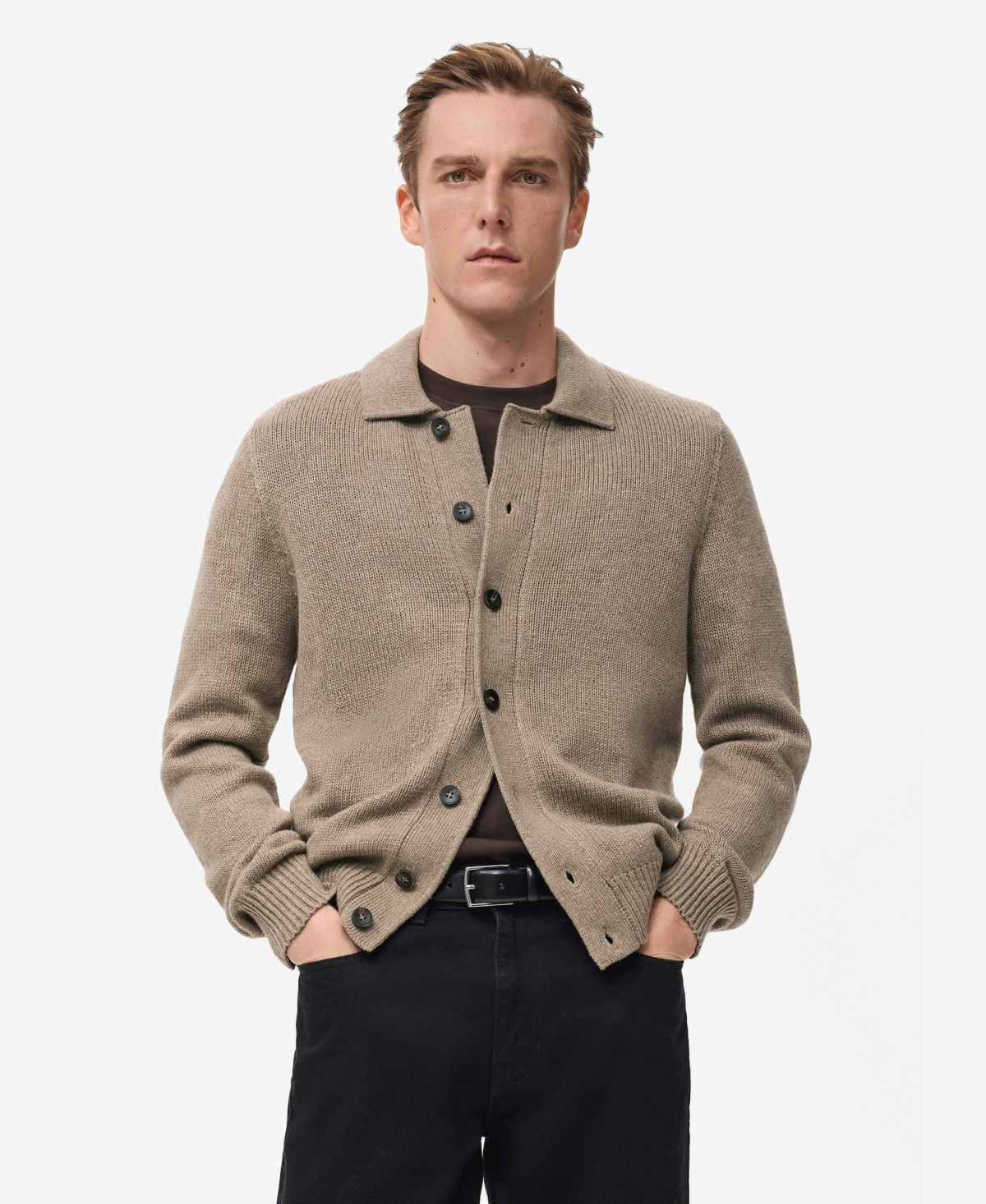 Click here for Mango Mens Knitted Wool Blend Cardigan - Beige prices