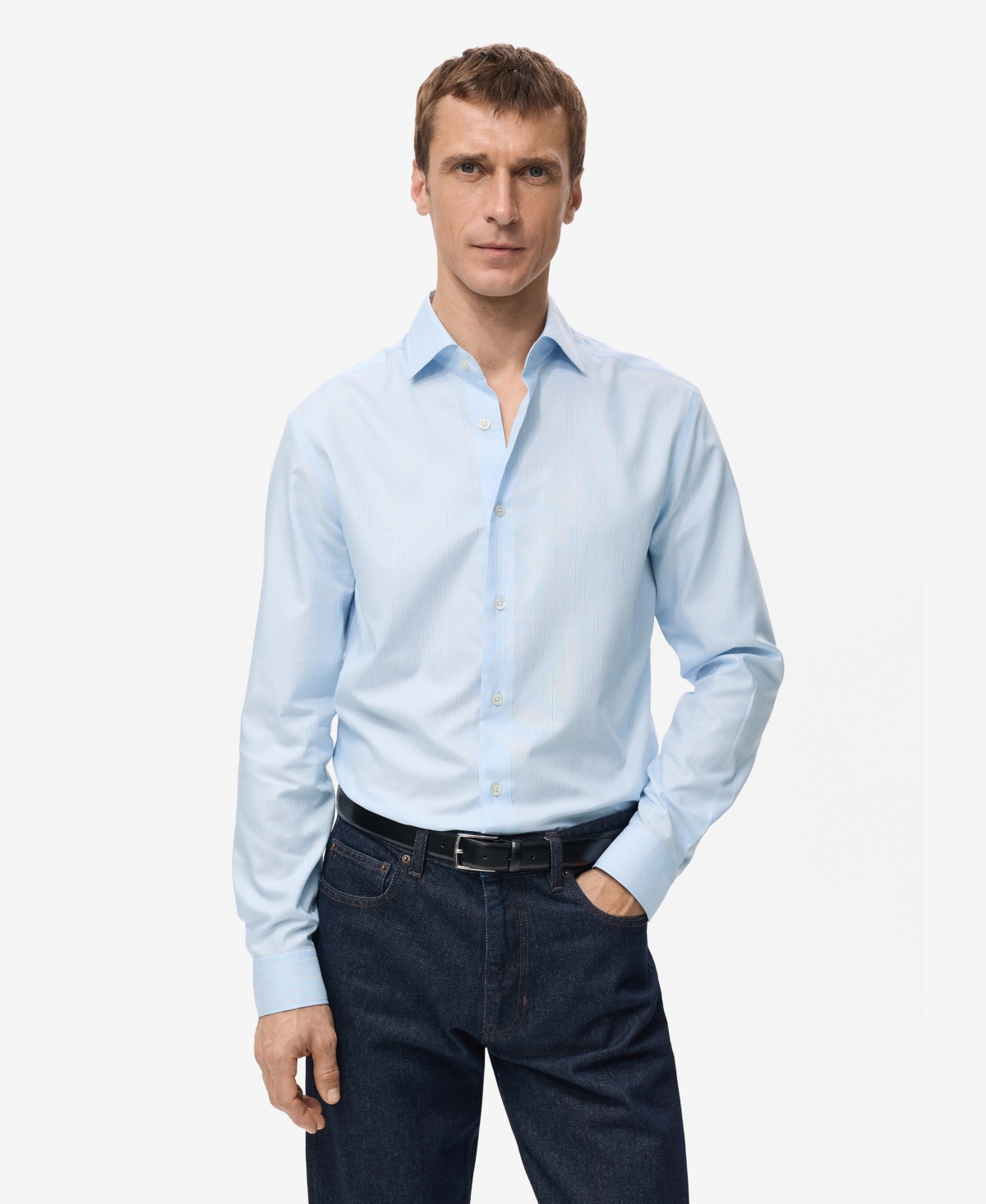 Click here for Mango Mens Cotton Slim-Fit Striped Shirt - Blue prices