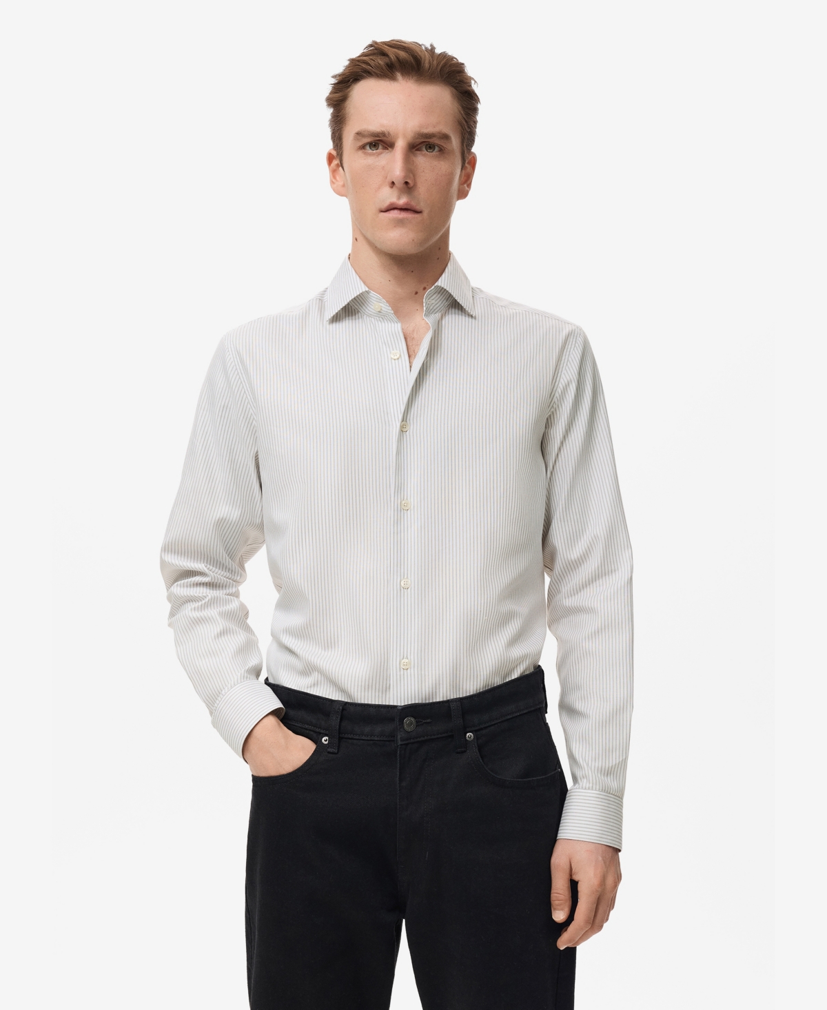 Click here for Mango Mens Cotton Slim-Fit Striped Shirt - Light H... prices