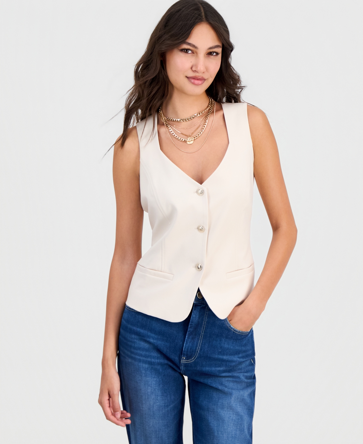 Click here for Guess Womens Structured Crepe V-Neck Vest - Wooden... prices
