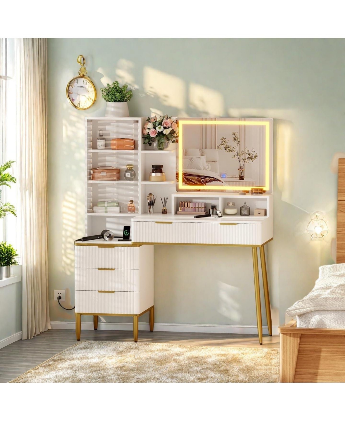 Click here for gaomon Fluted Vanity Desk with Mirror and Lights... prices